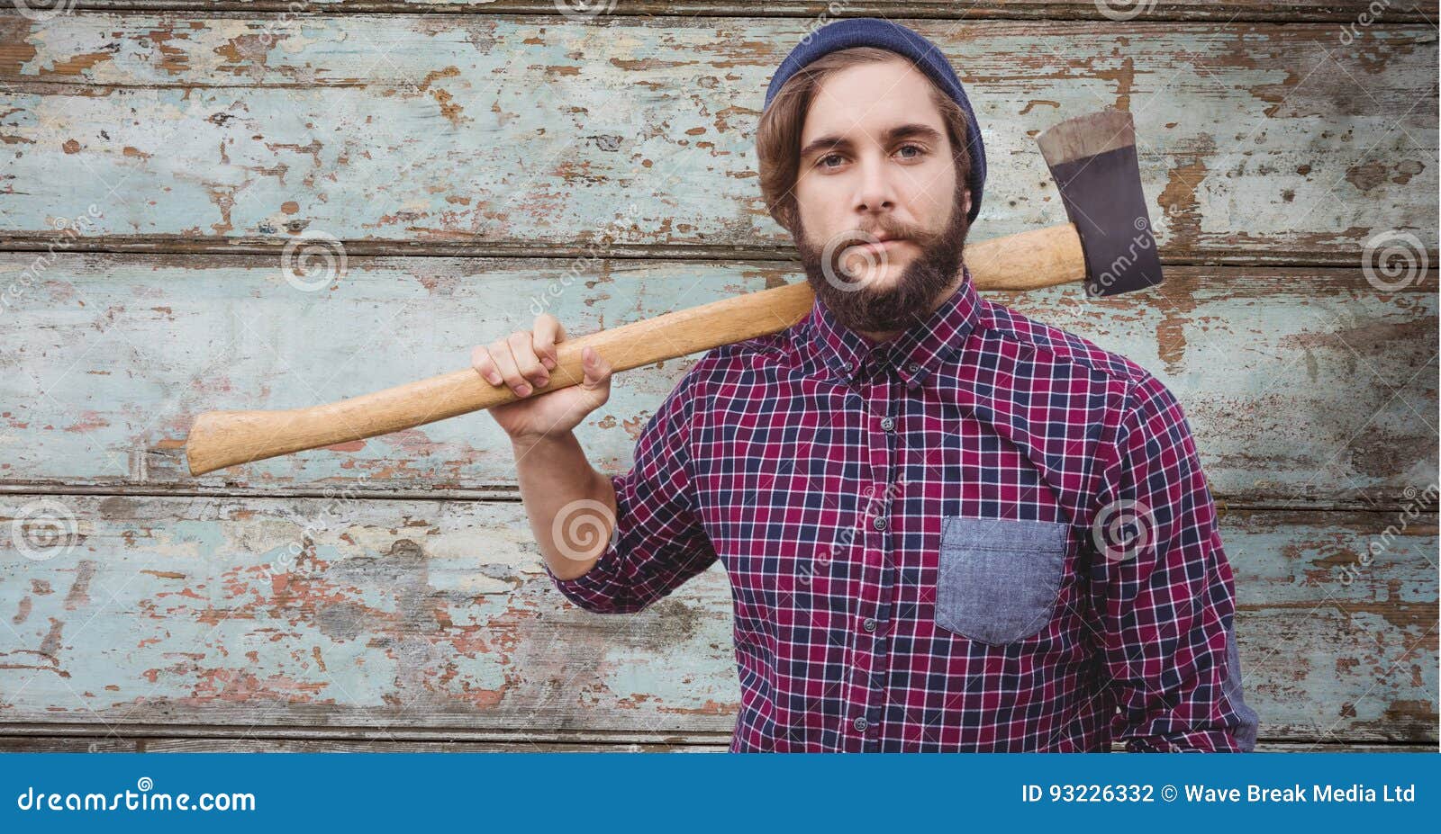 Hipster Holding Axe while Standing Against Wooden Wall Stock Photo ...