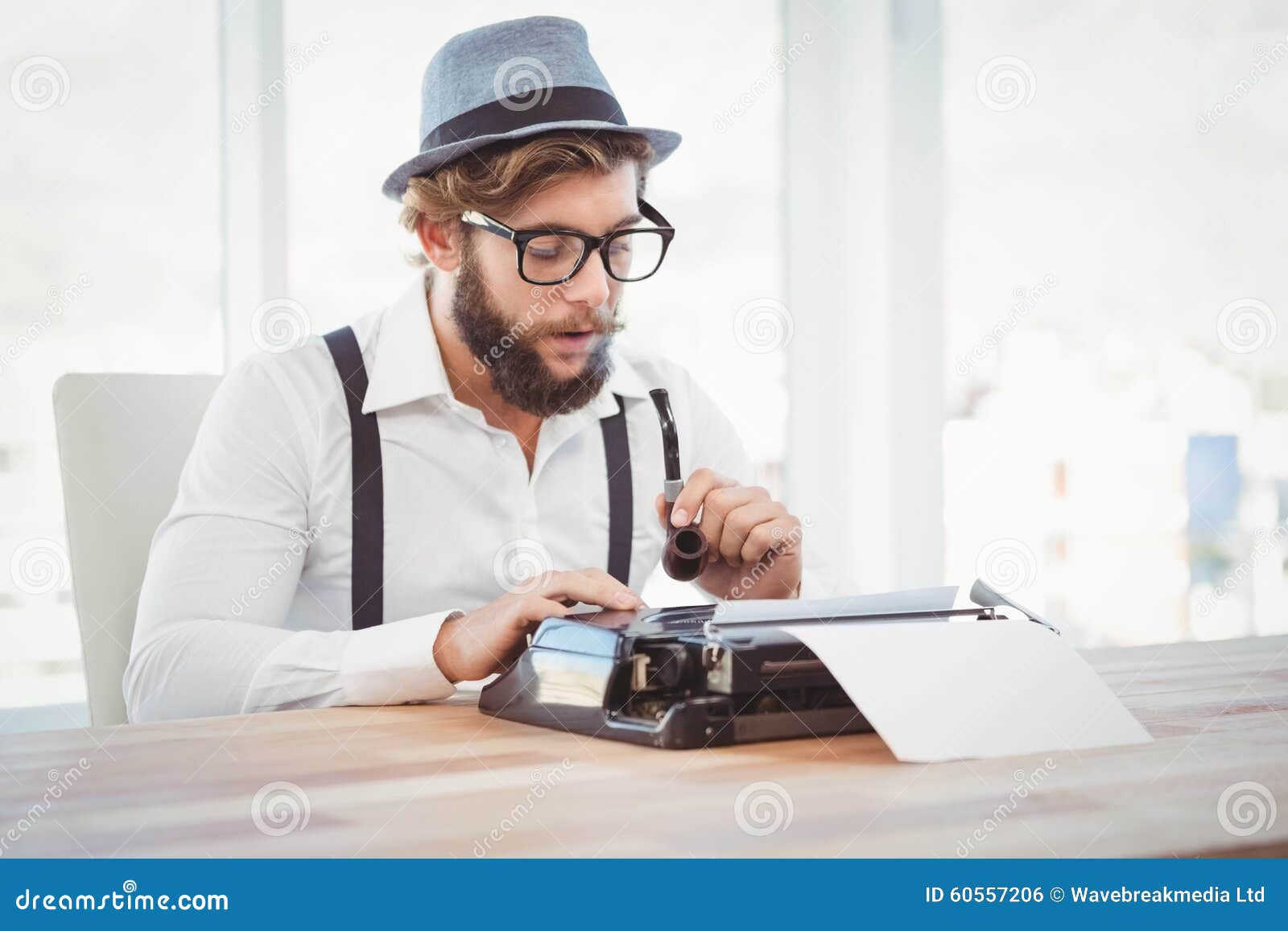 Hipster Holding Smoking Pipe while Working on Typewriter Stock Photo ...
