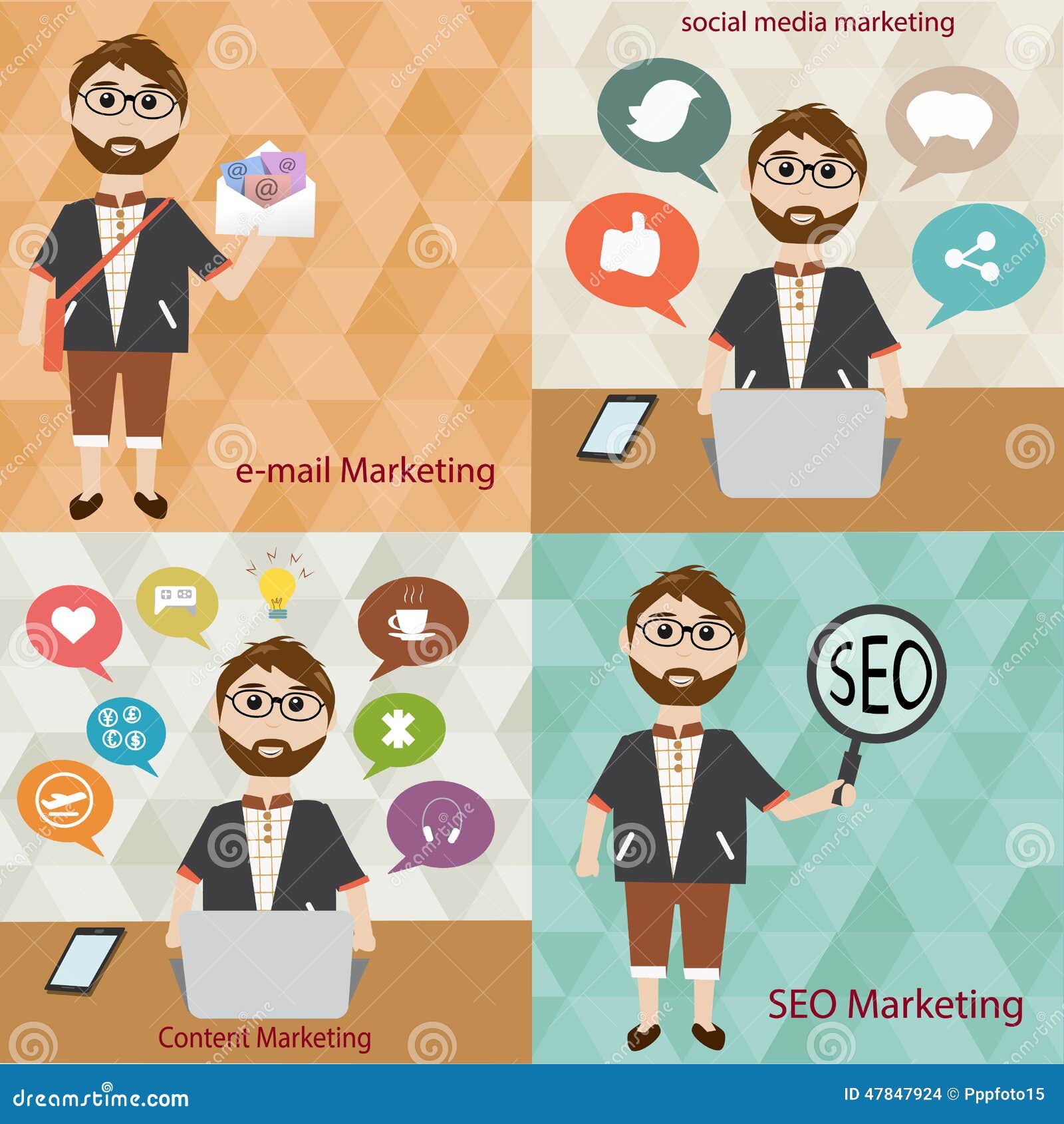 Hipster Man in Digital Marketing Concept Stock Vector - Illustration of ...