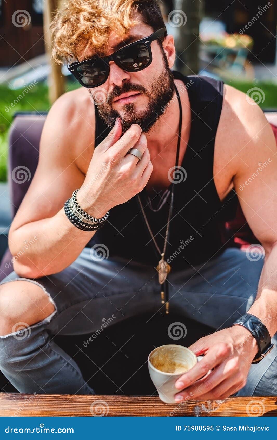Hipster Man Drinking Espresso in the Sun Stock Image - Image of casual ...