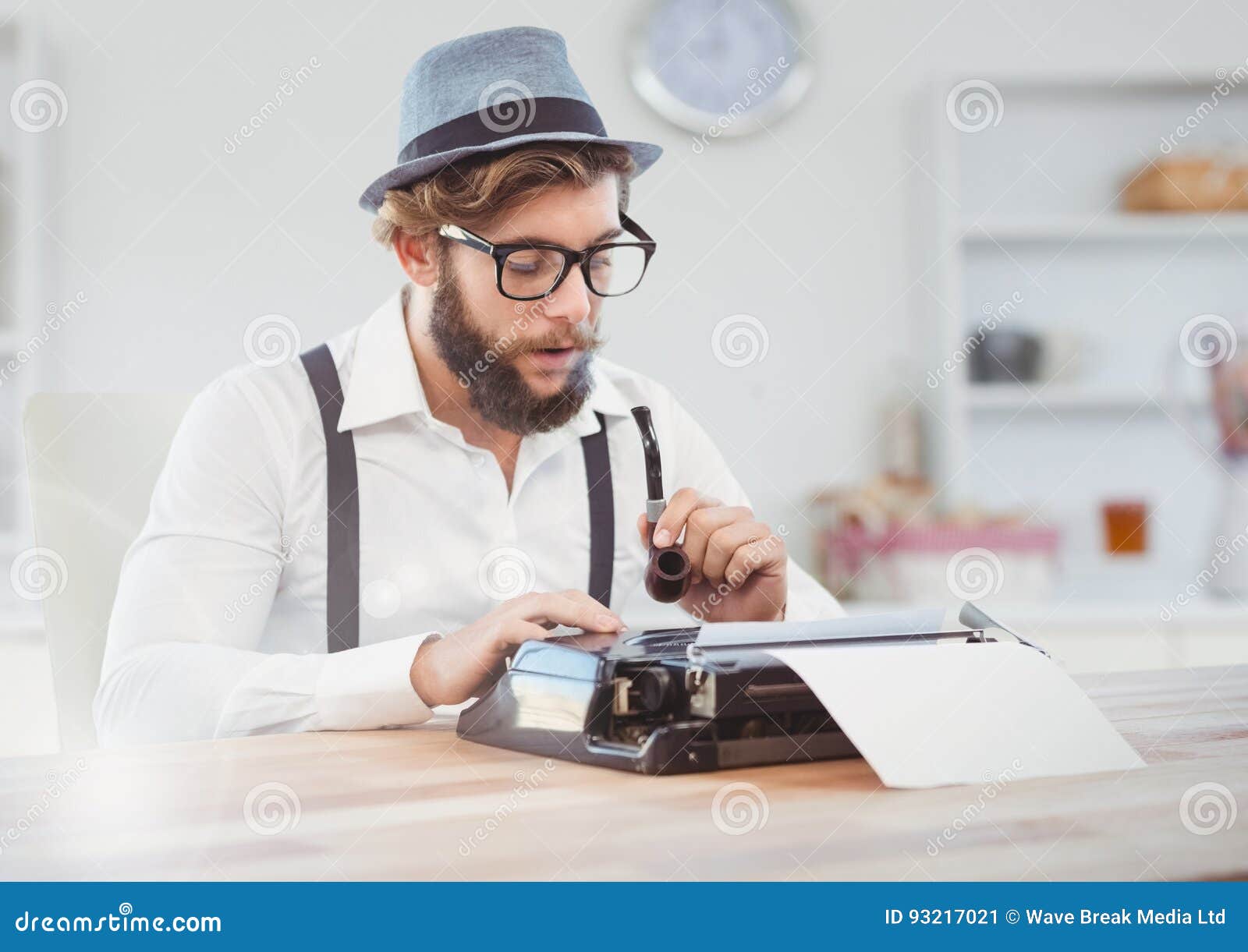 Hipster Man on Typewriter in Bright Room Stock Image - Image of flour ...