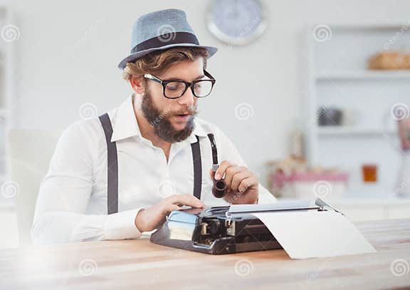 Hipster Man on Typewriter in Bright Room Stock Image - Image of flour ...
