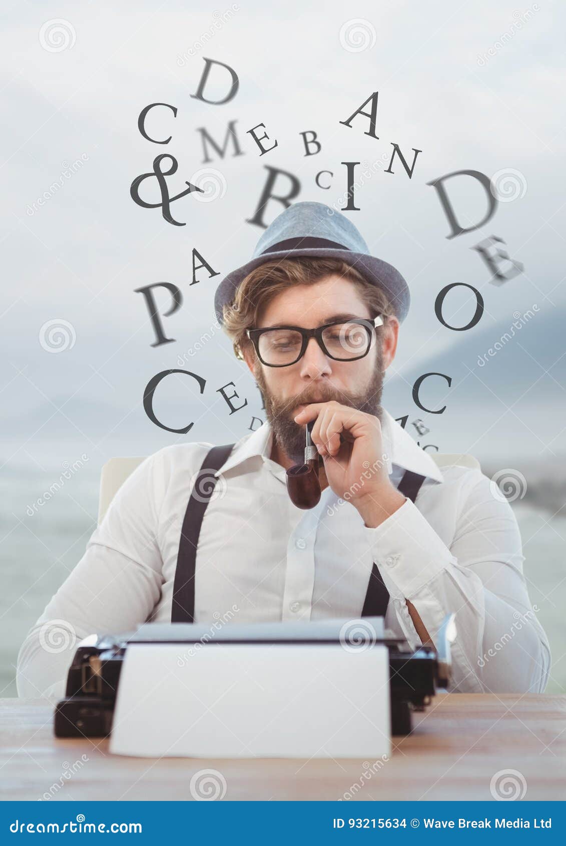 Hipster Man on Typewriter with Letters and Blue Mountain Landscape ...