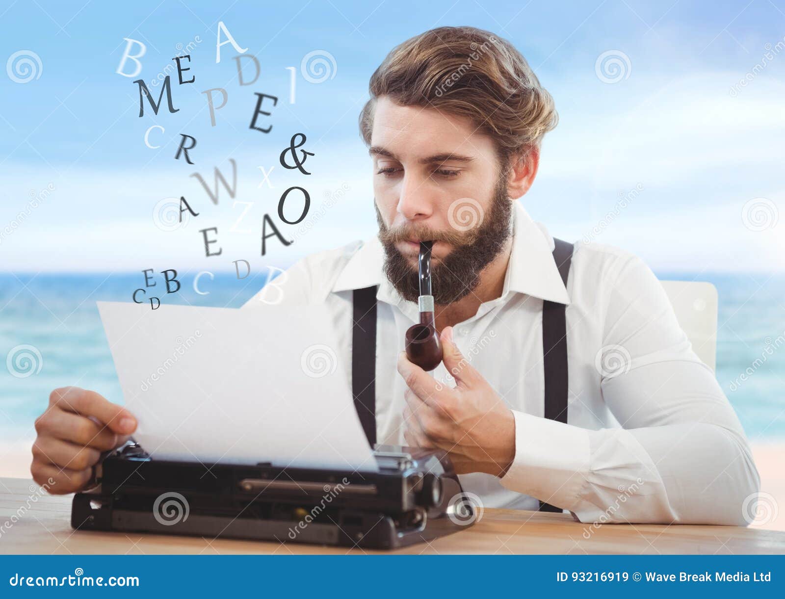 Hipster Man on Typewriter with Letters and Blue Sea Stock Image - Image ...