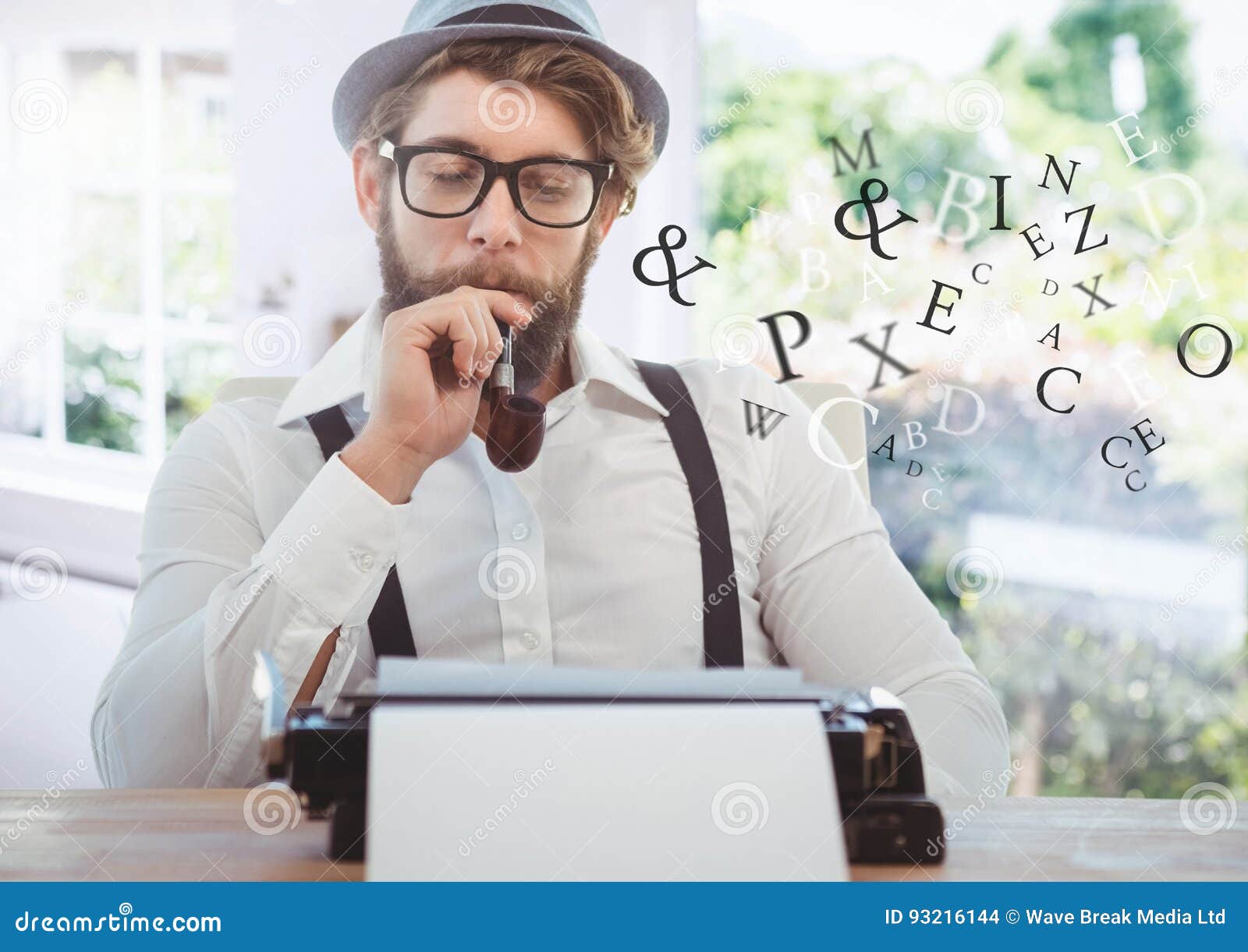 Hipster Man on Typewriter with Letters and Bright Windows Stock Photo ...