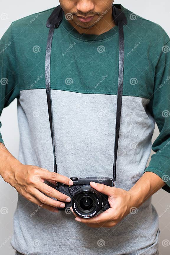 Hipster Men with Leather Camera Strap on White Background Stock Photo ...
