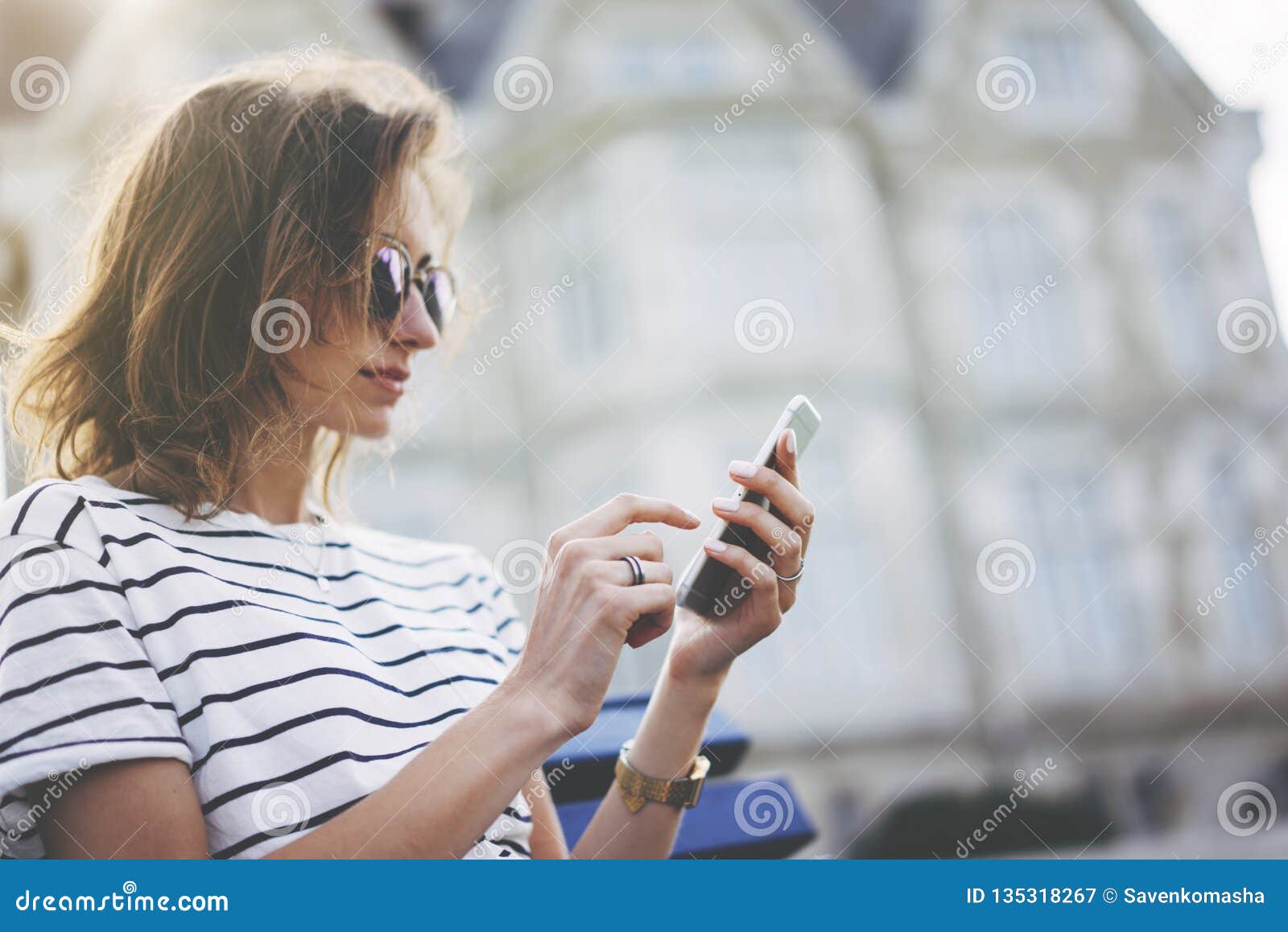 Hipster Texting Message on Smartphone or Technology, Mock Up of Blank Screen. Girl Using ...