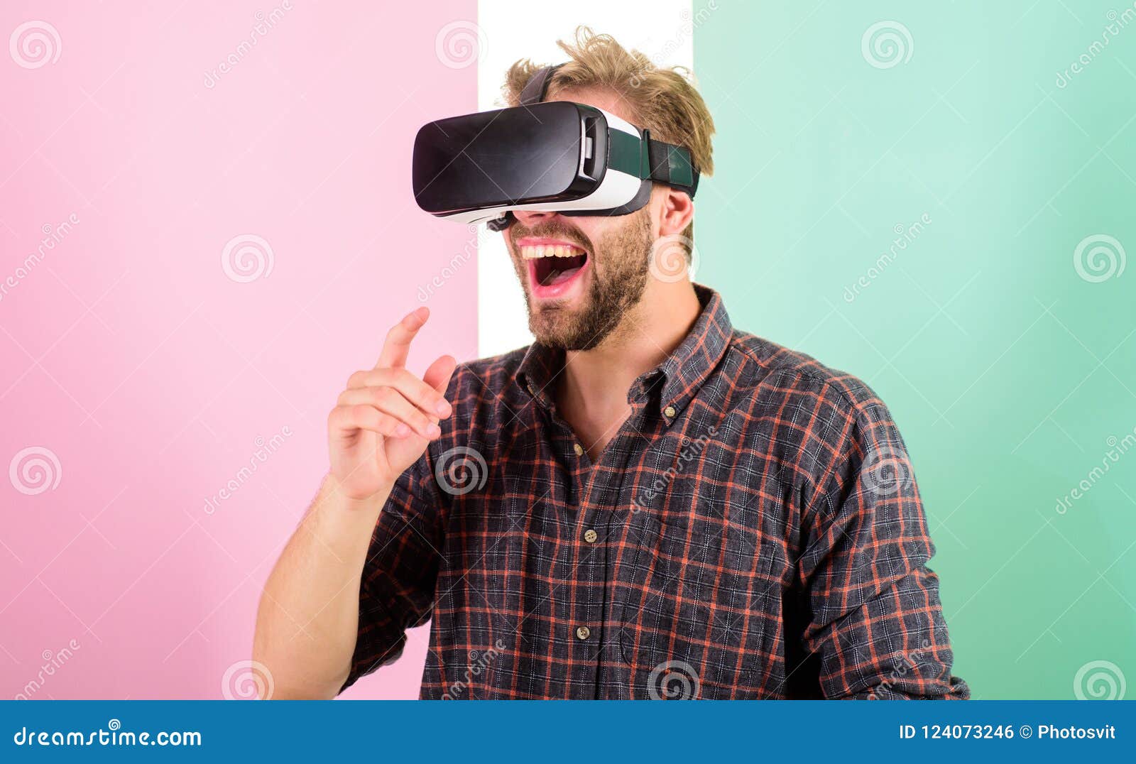 Hipster Use Modern Technologies for Entertainment. Guy with VR Glasses ...