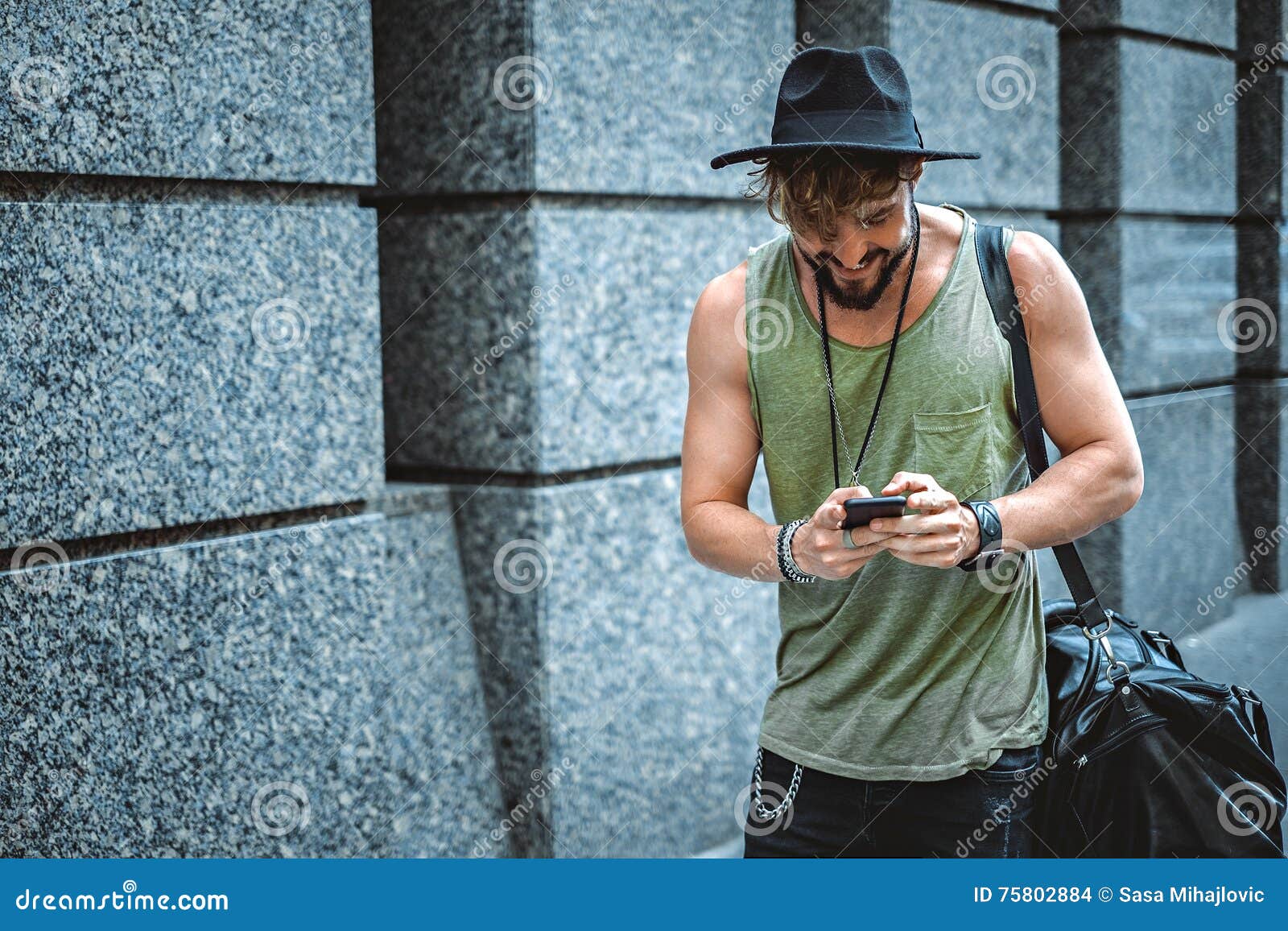 Hipster Using Phone and Walking on the Street Stock Photo - Image of ...