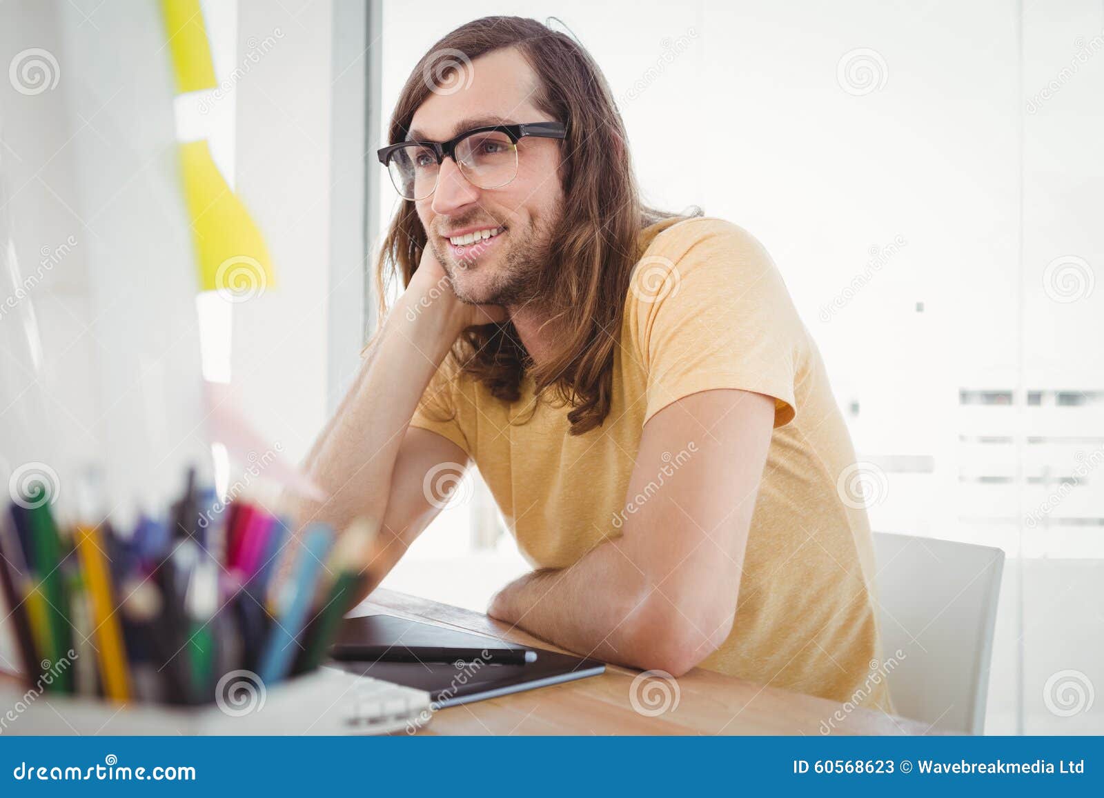 Hipster Wearing Eye Glasses Working At Computer Desk Stock Image Image Of Professional