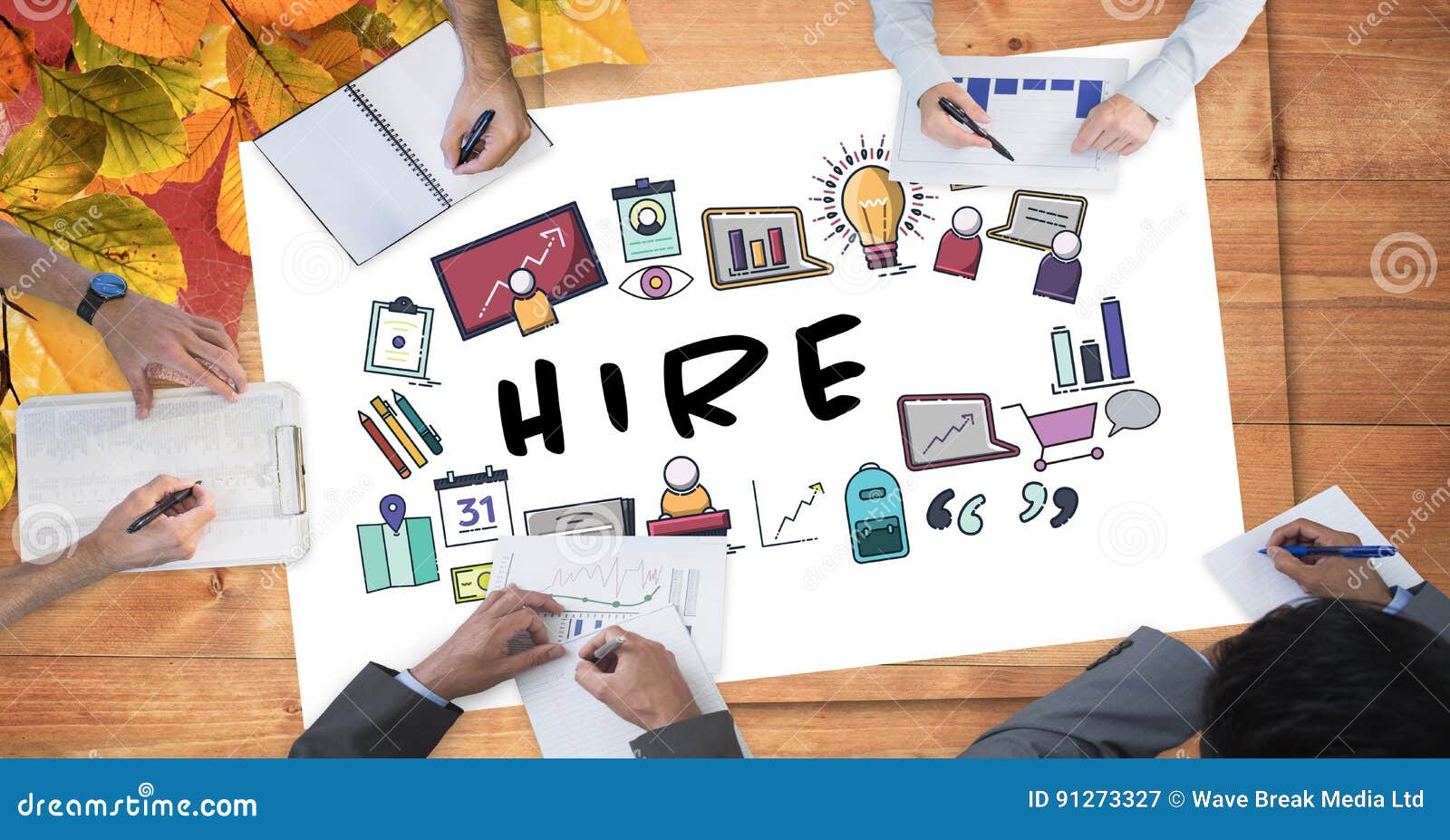 Hire Text Surrounded by Graphics and Business People`s Hands Stock ...