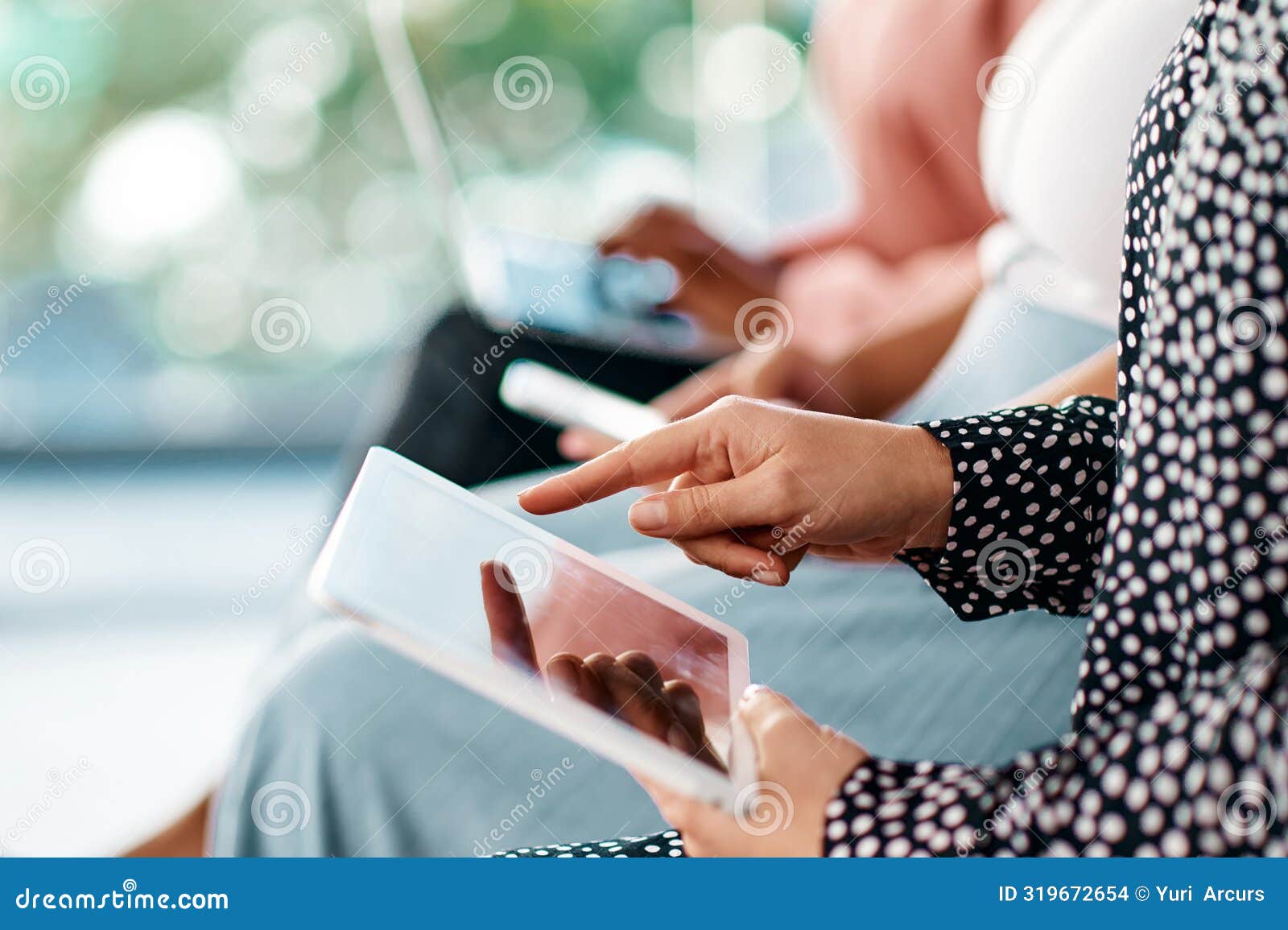 Hiring, Tablet and Hands of Business People in Waiting Room or Queue ...