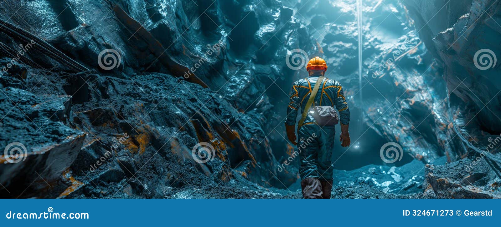 Miner Facing Illuminated Cave Entrance Stock Image - Image of ...