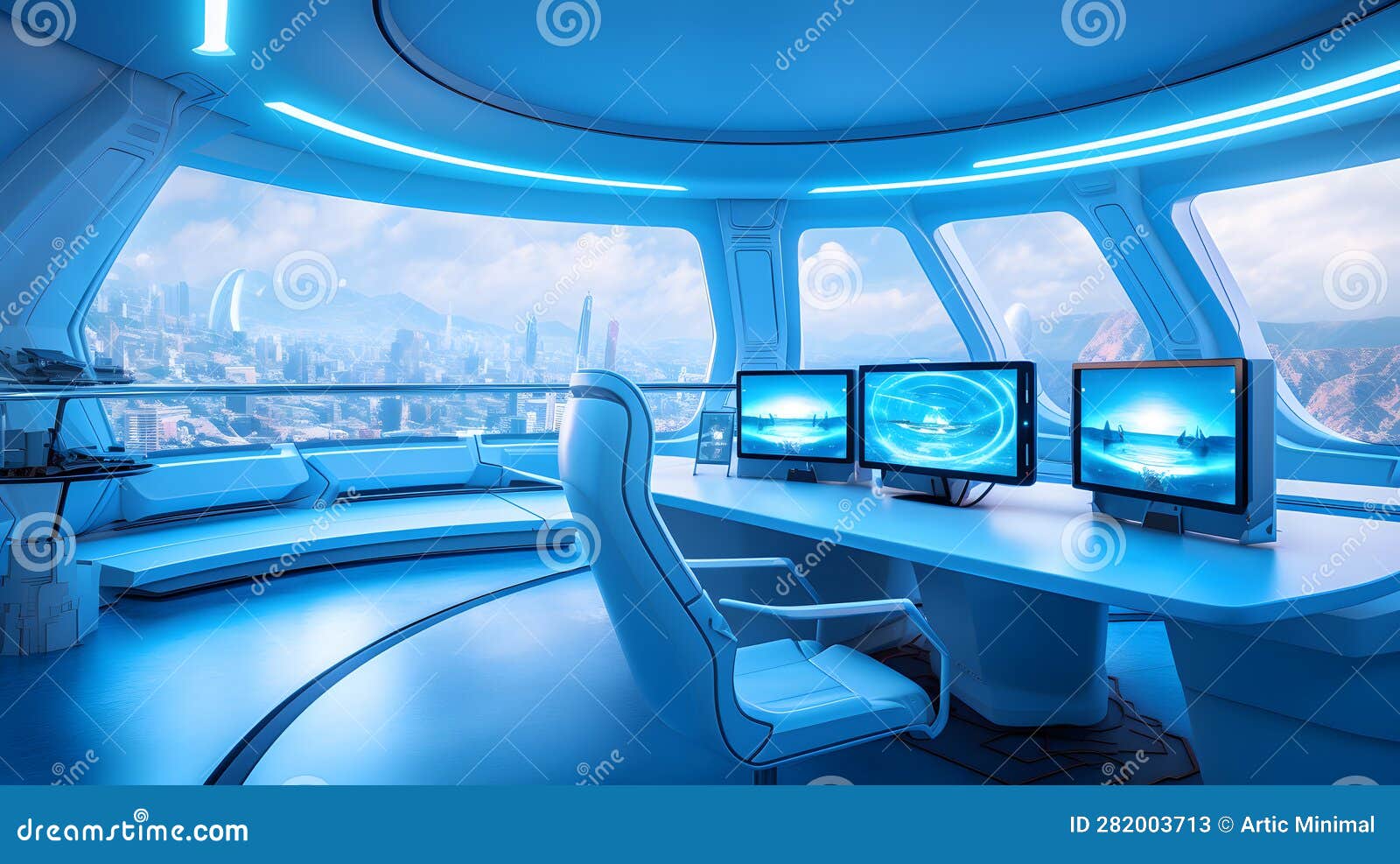 Blue Themed Futuristic Tech Space with Computers in a Modern Interior ...