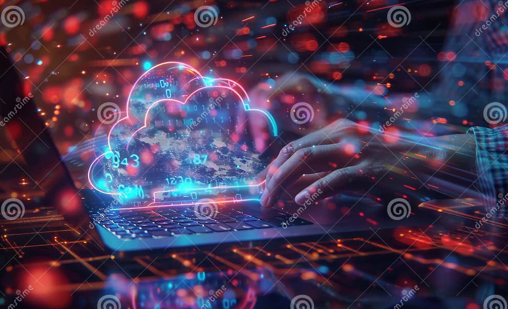 On His Desk he is Using a Laptop and Looking at a Diagram Showing Cloud ...