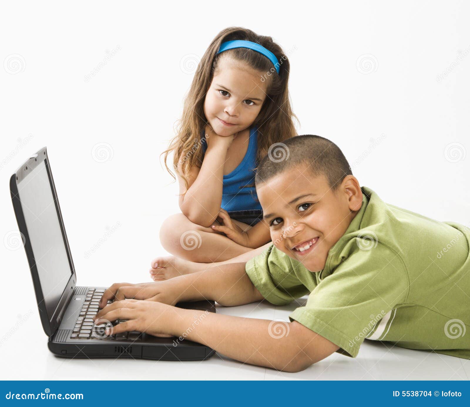 Hispanic Boy on Laptop with Sister. Stock Photo - Image of horizontal ...