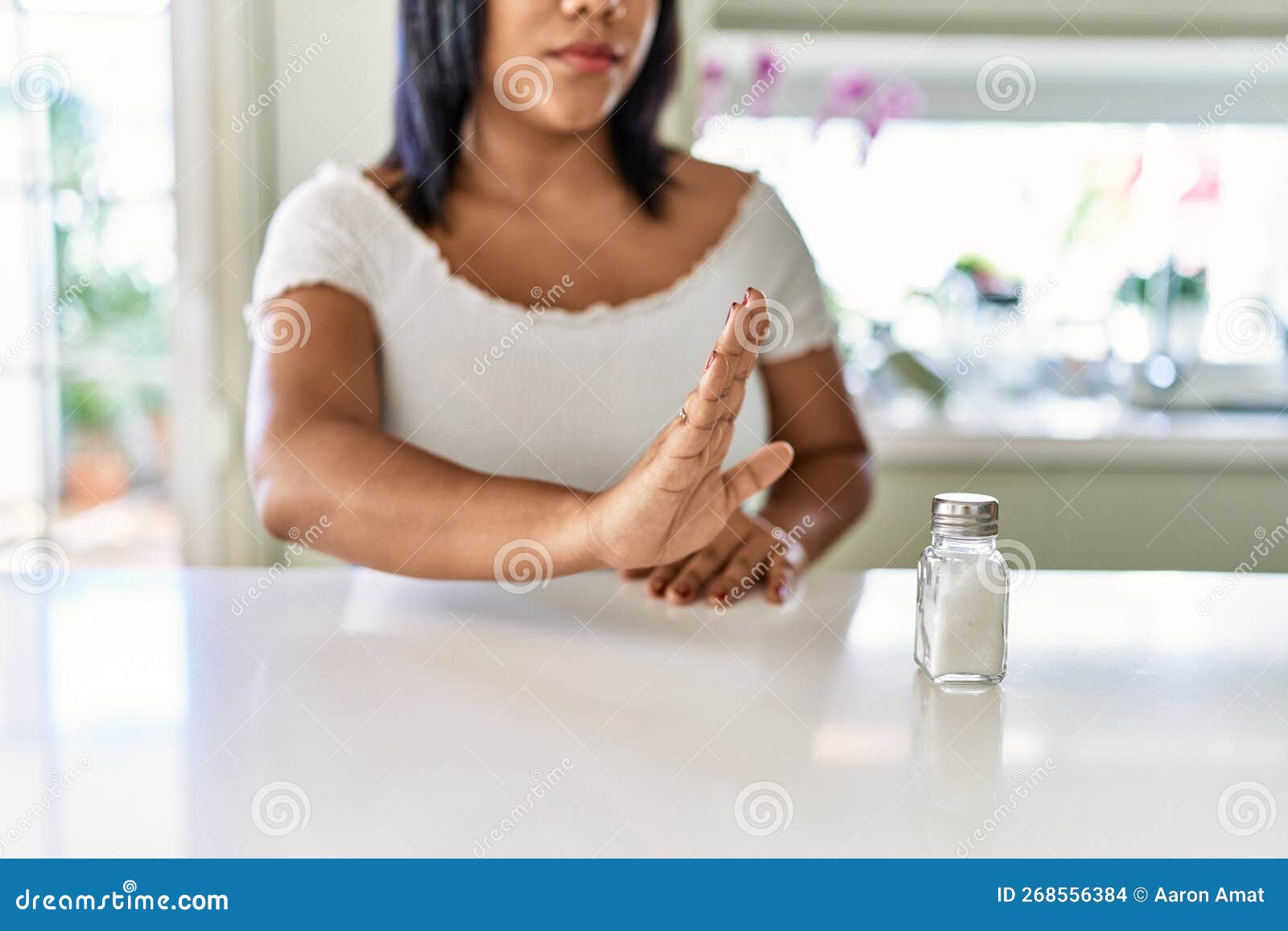 Hispanic Brunette Woman Rejecting Salt at the Kitchen Stock Photo ...
