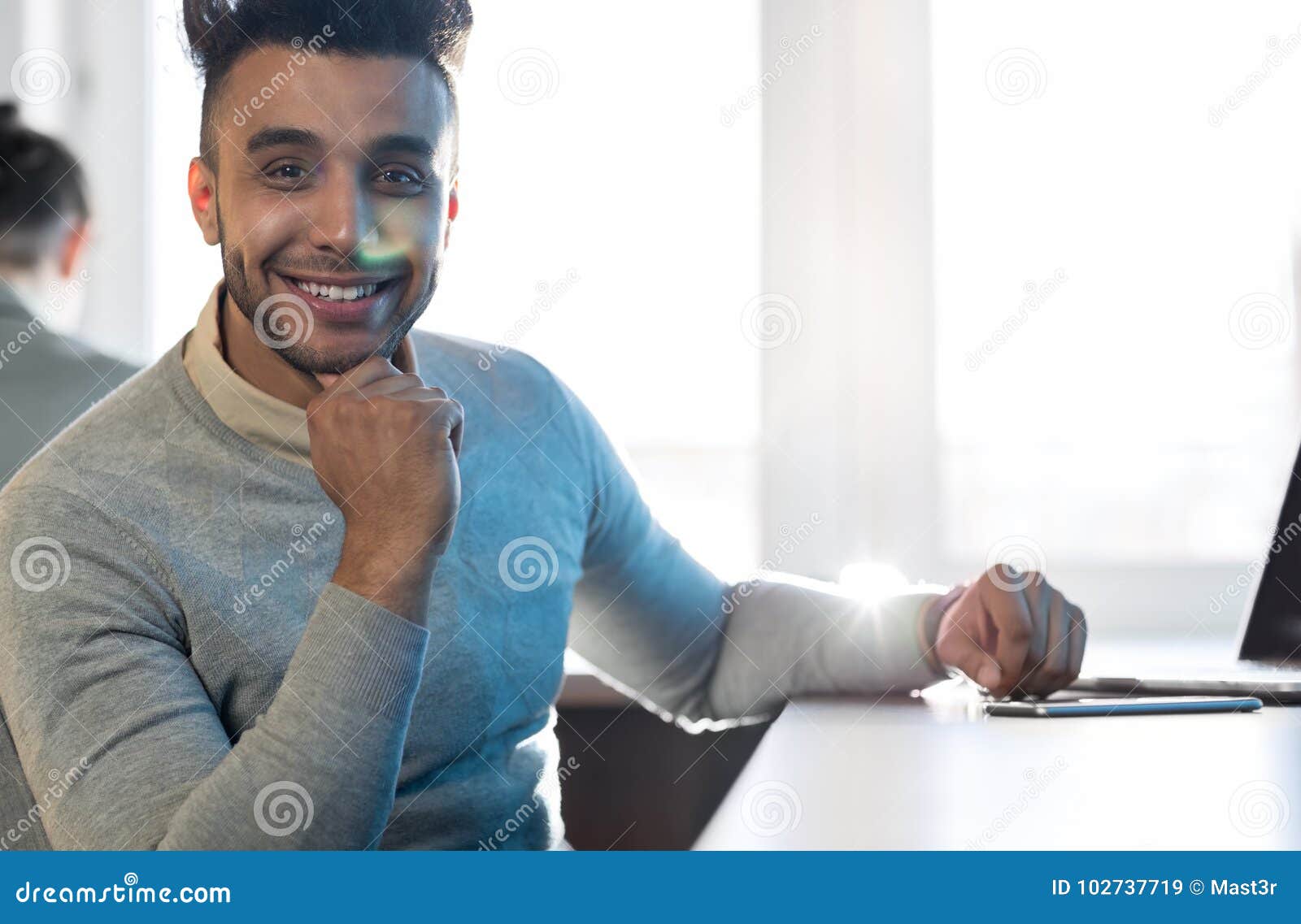 Hispanic Business Man Sit Desk Modern Coworking Space Happy Smiling ... Hispanic Business Man Sit Desk Modern Coworking Space Happy Smiling ...