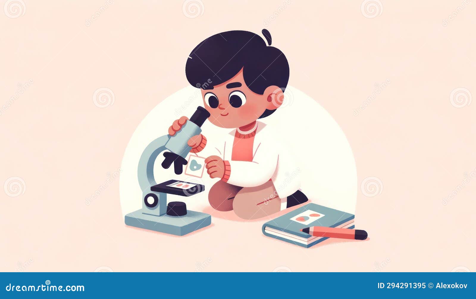 Hispanic Child Examining Slides with Microscope in Minimalistic Flat ...