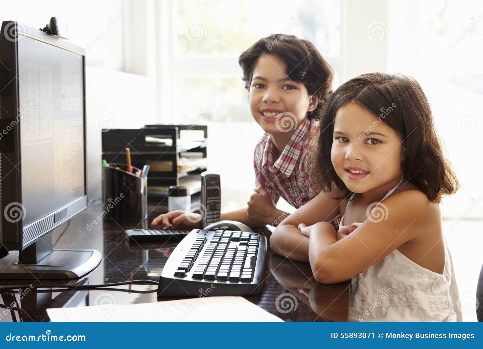 Hispanic Children Using Computer at Home Stock Image - Image of ...