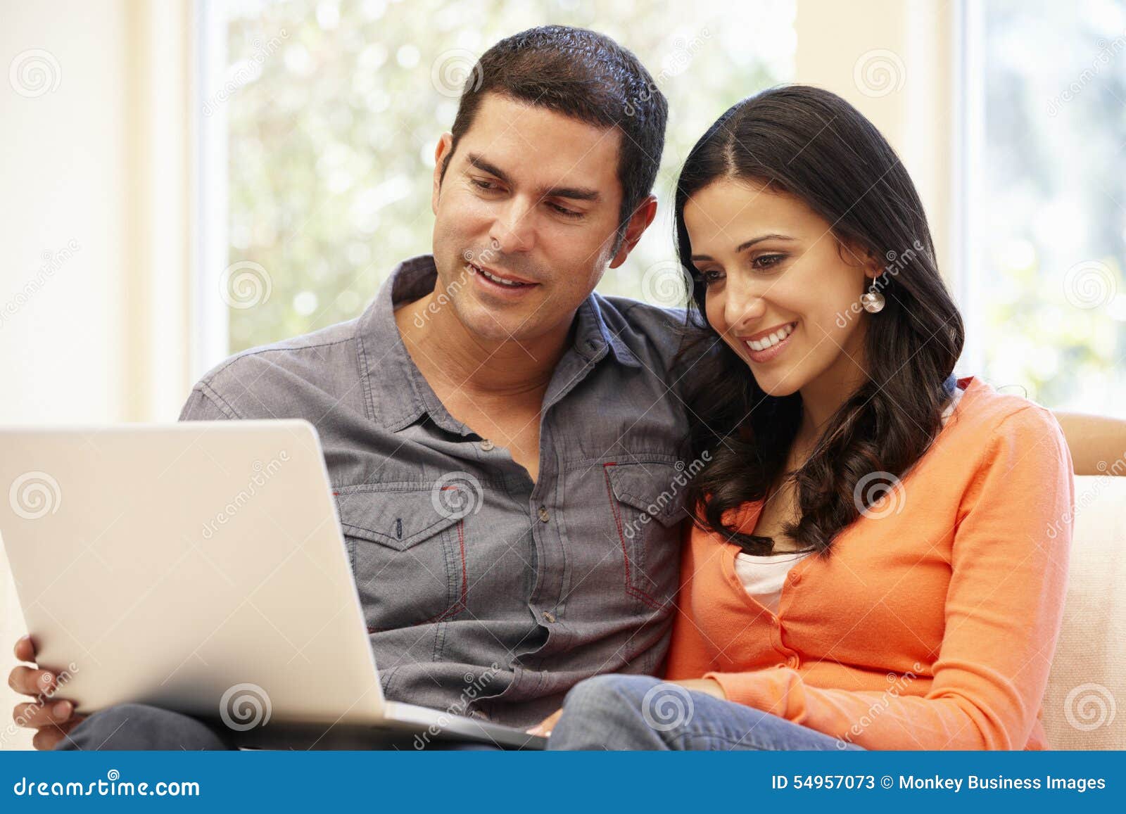 Hispanic Couple at Home with Laptop Stock Image - Image of social ...