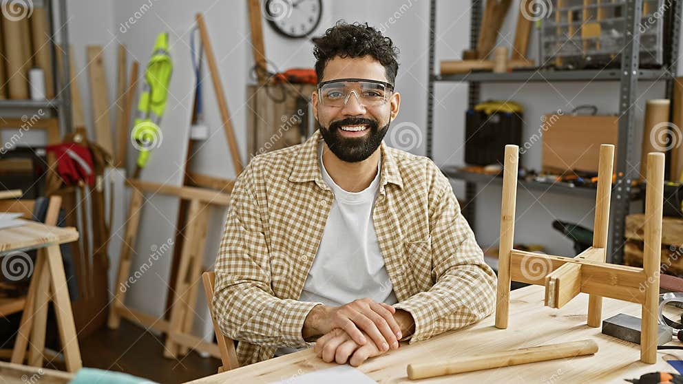 Hispanic Craftsman with Beard in a Workshop Smiling at the Camera ...
