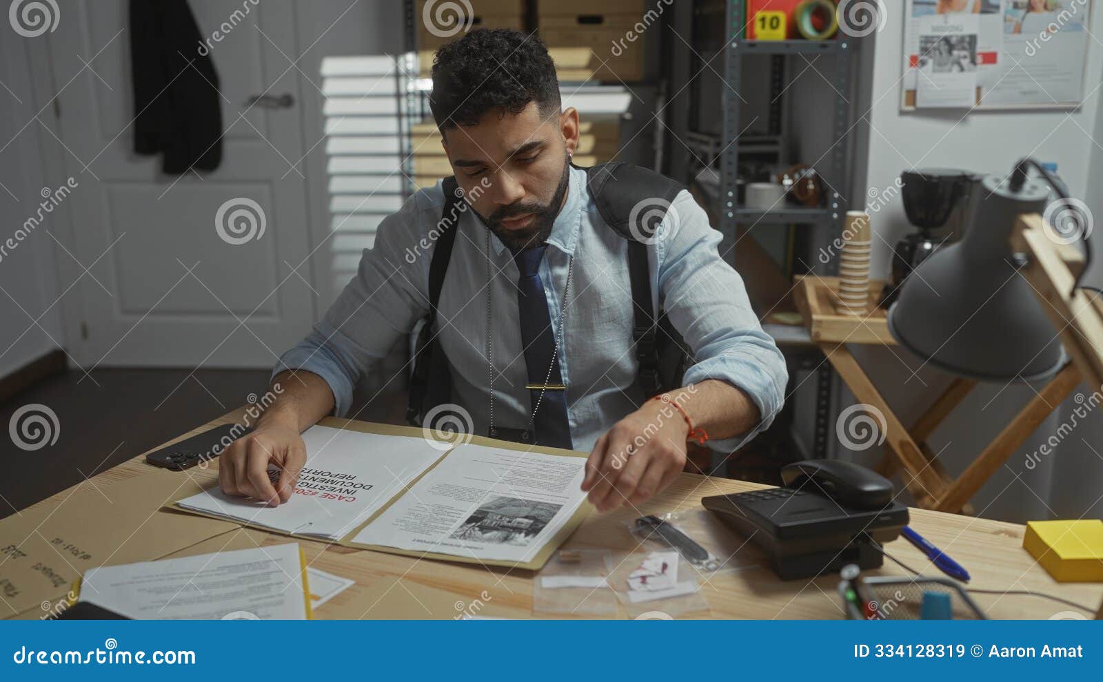 Hispanic Detective Analyzes Documents in a Cluttered Office, Setting a ...