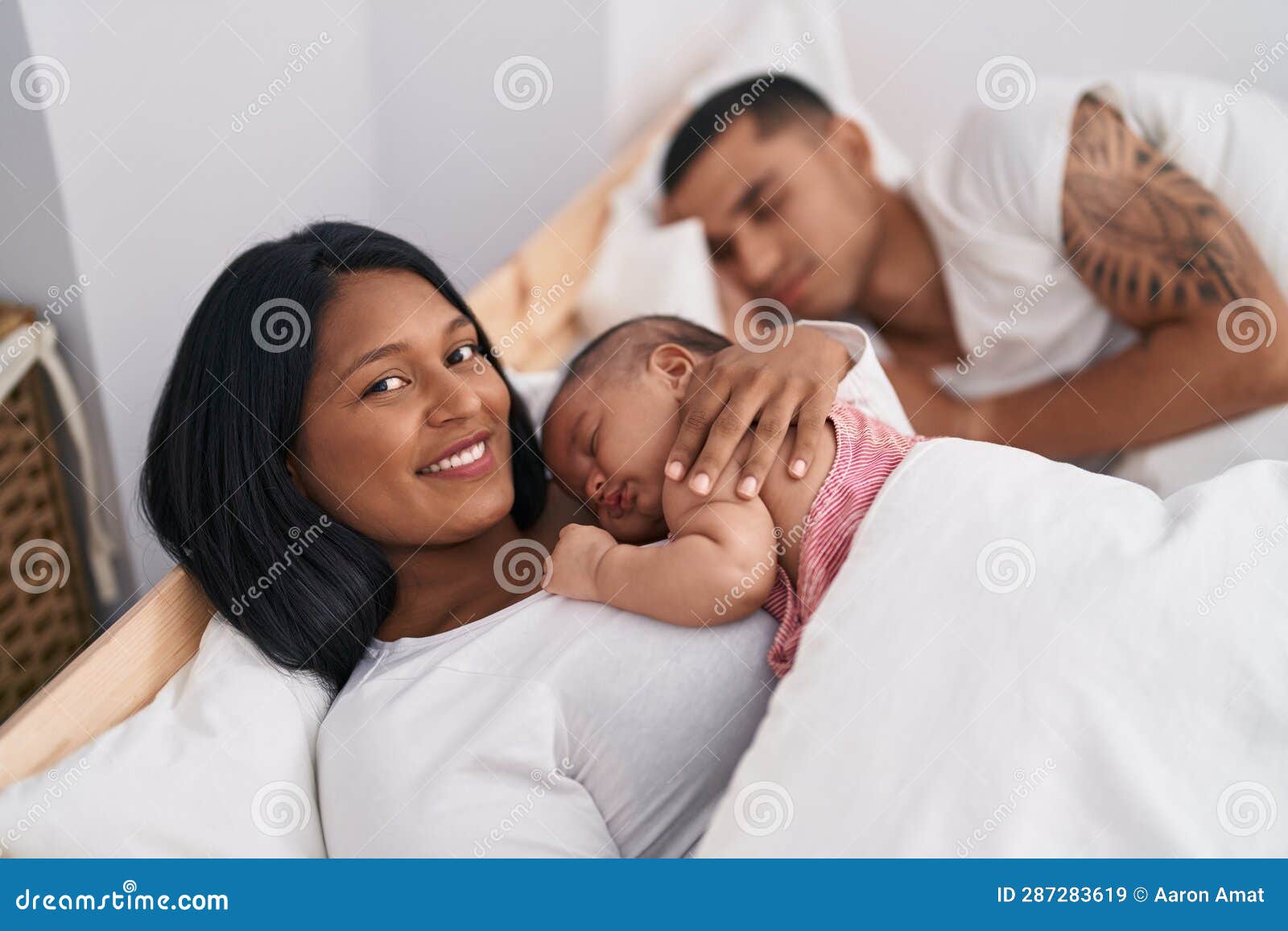Hispanic Family Lying on Bed at Bedroom Stock Image - Image of hispanic ...