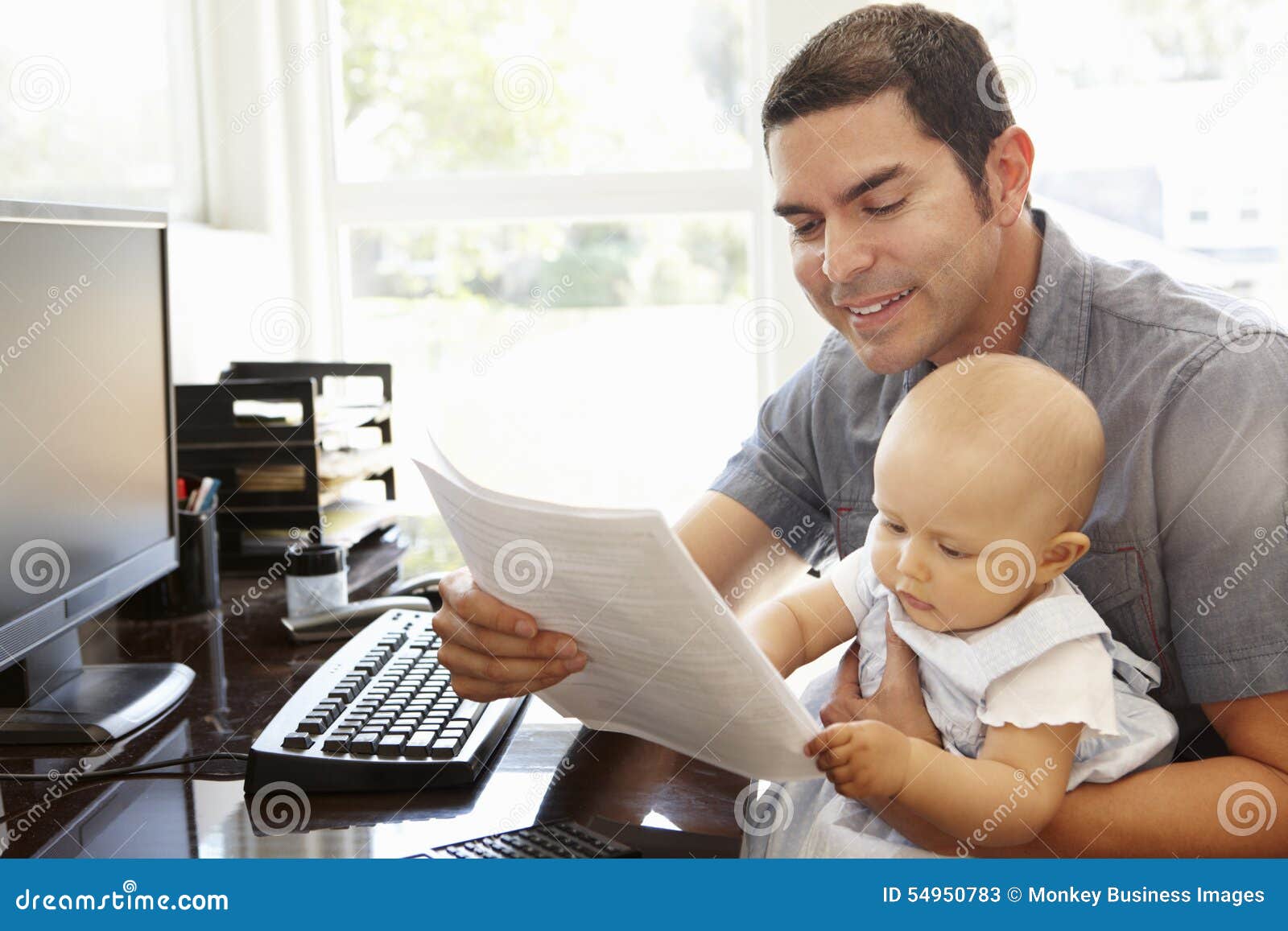 Hispanic Father with Baby Working in Home Office Stock Image - Image of ...