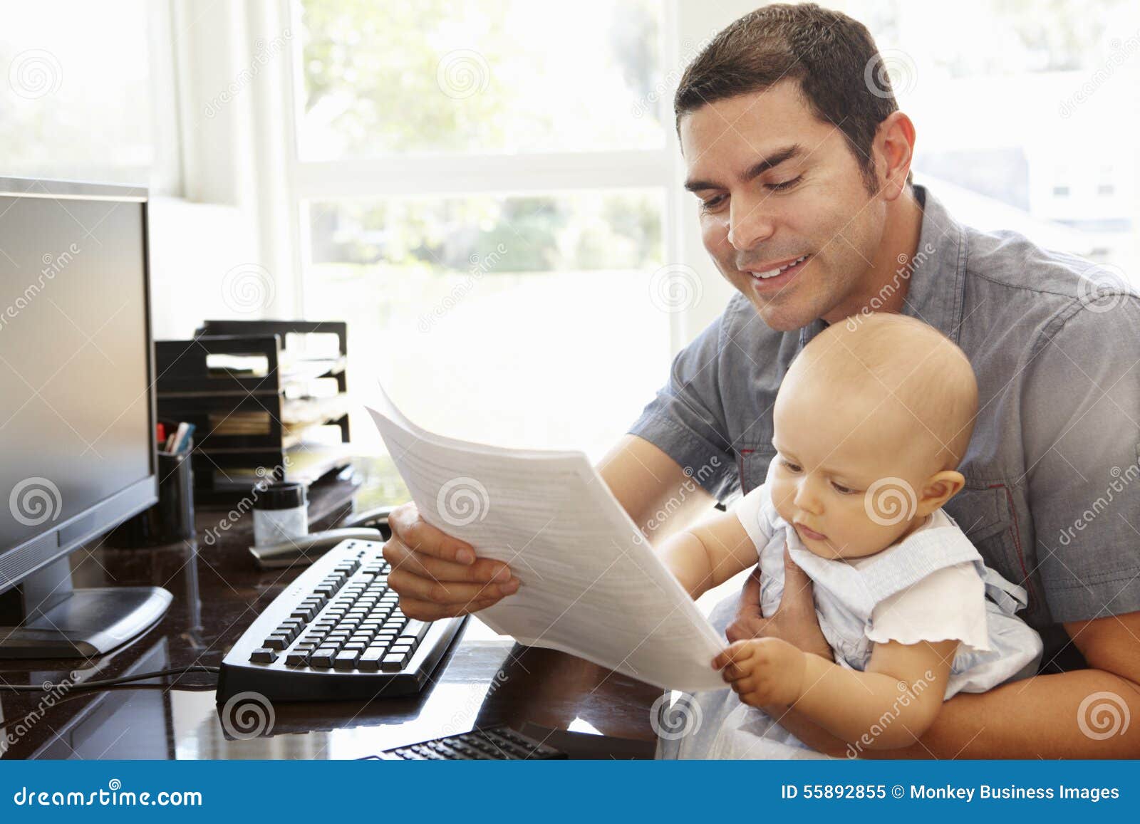 Hispanic Father with Baby Working in Home Office Stock Image - Image of ...