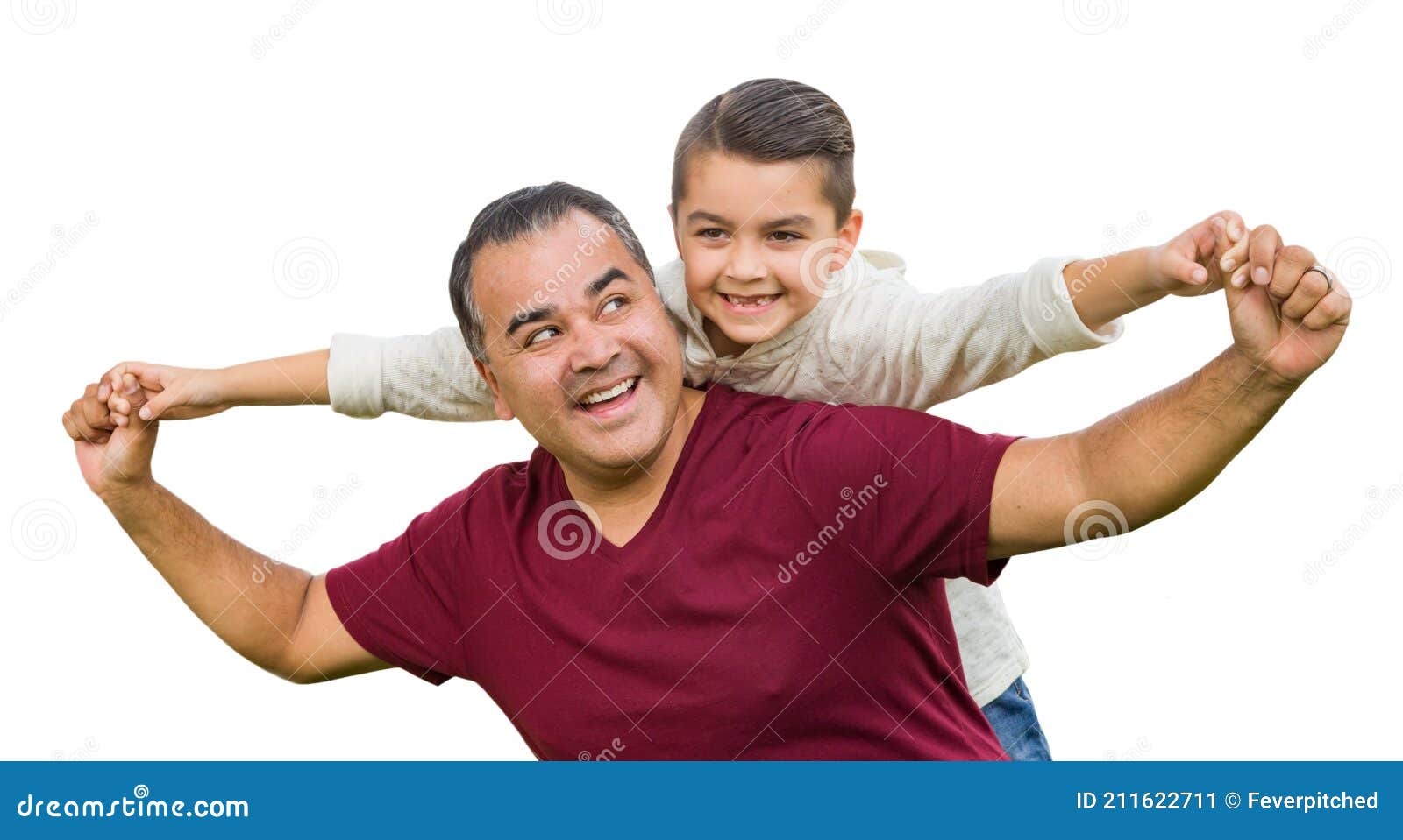 Hispanic Father and Mixed Race Son Having Fun Isolated on a White ...