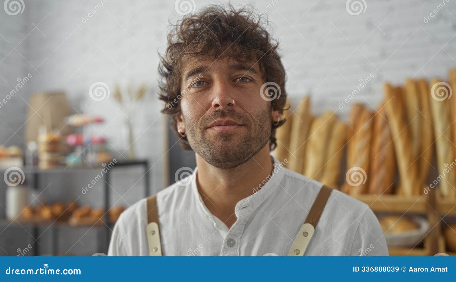 Hispanic Man in Bakery with Shelves of Bread in Background Stock Image ...