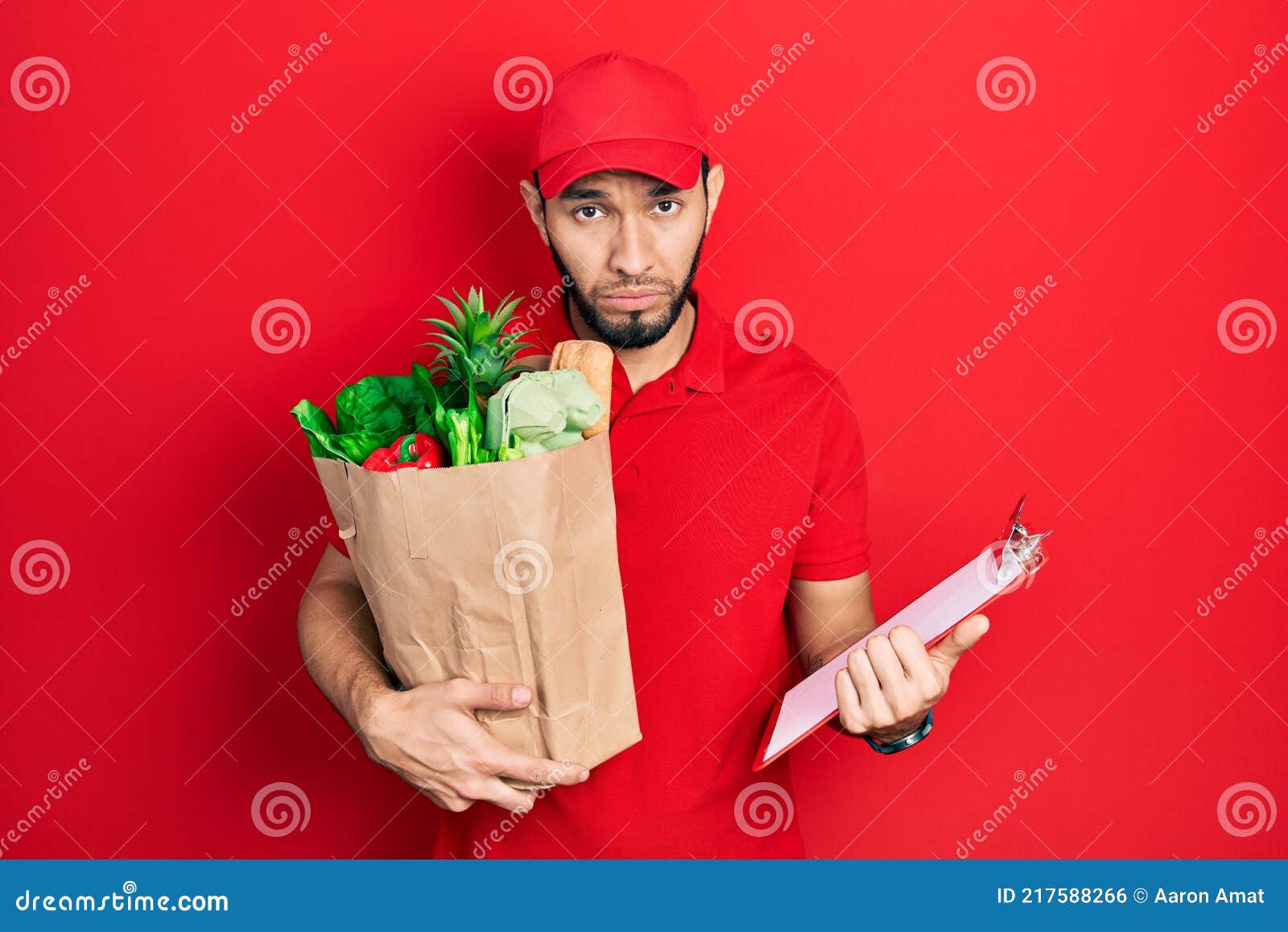 Hispanic Man With Beard Wearing Courier Uniform With Groceries From