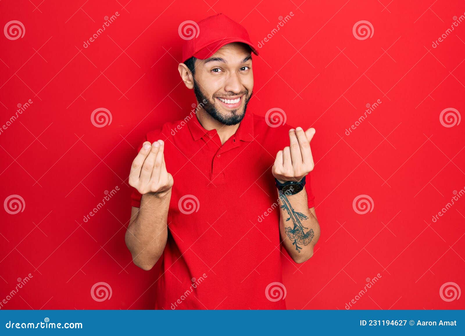 Hispanic Man With Beard Wearing Delivery Uniform And Cap Doing Money