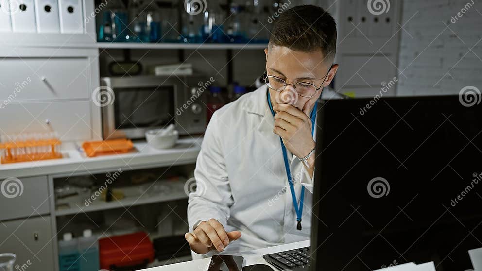 Hispanic Man Contemplating Information on Computer Screen in Laboratory ...