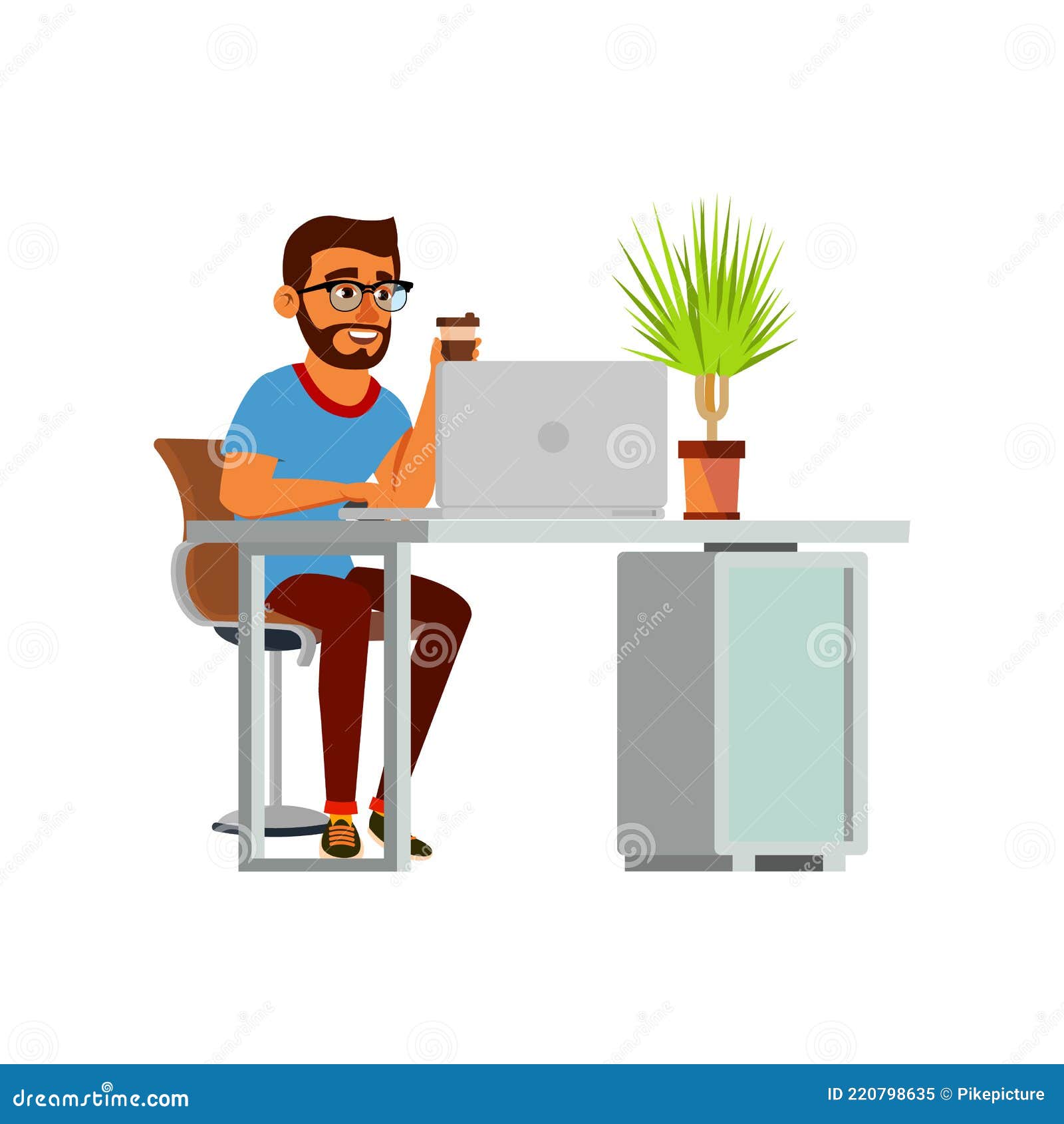 Hispanic Man Drinking Tea and Working at Workspace Cartoon Vector Stock ...