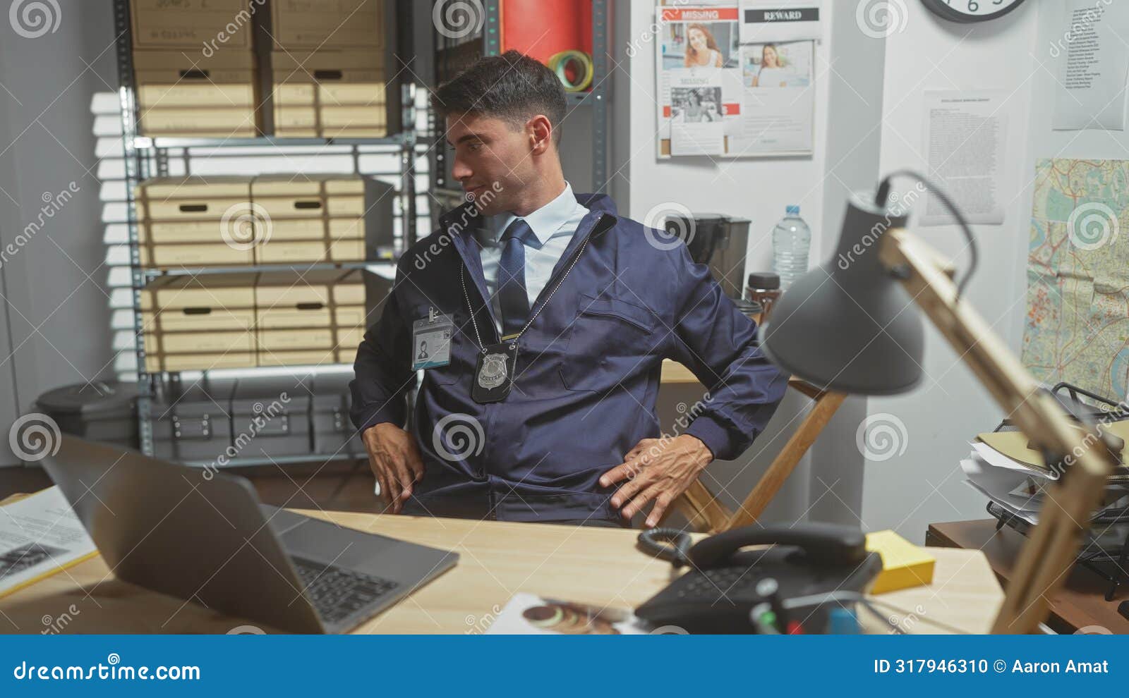 Hispanic Man in Police Office with Map, Missing Posters, and Evidence ...