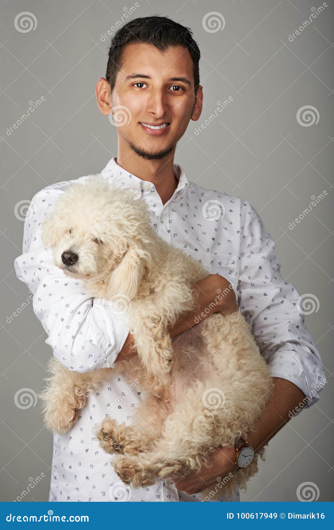 Hispanic Man with Poodle Dog Stock Image - Image of holding, friendly ...