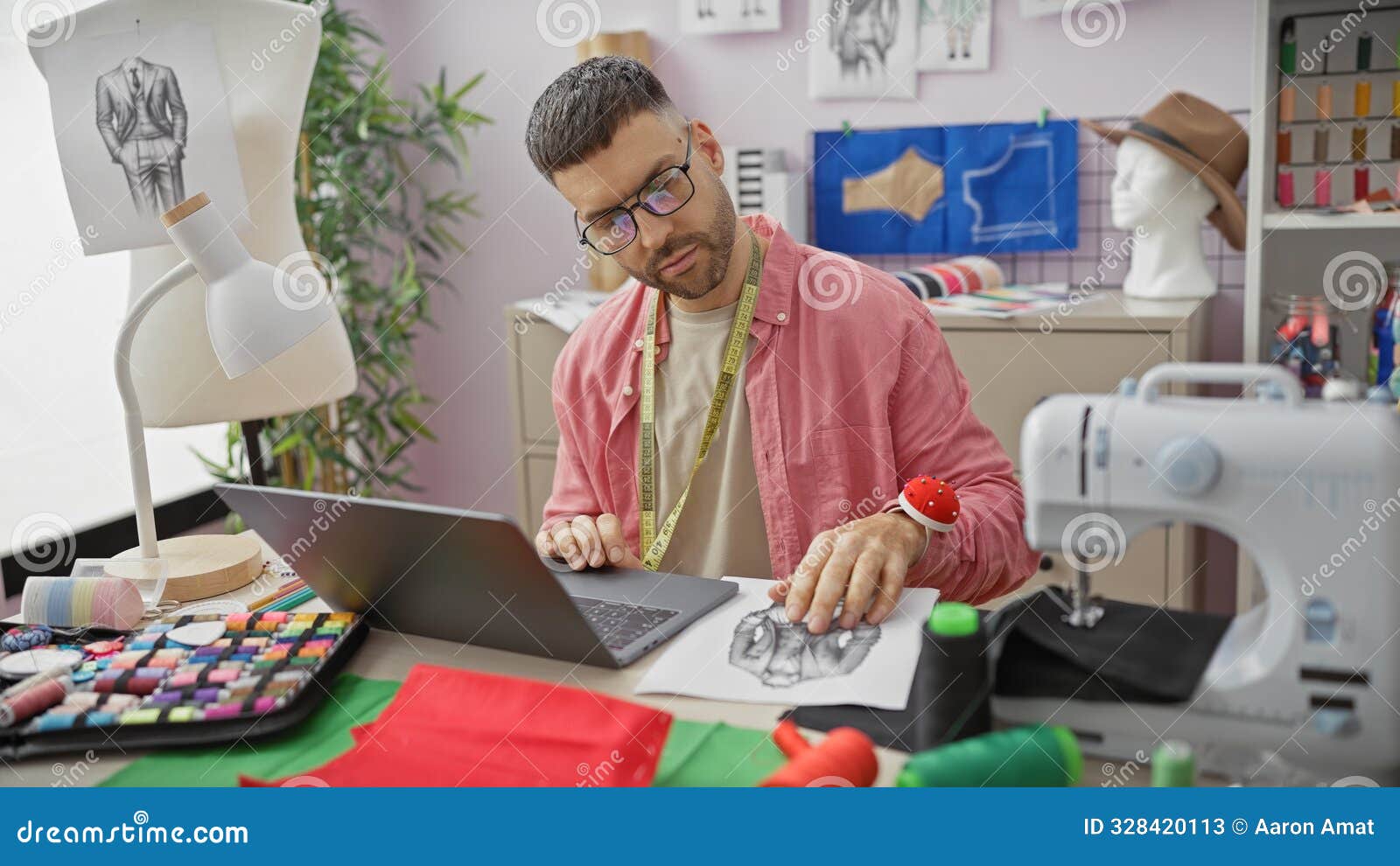 Hispanic Man Tailoring in Workshop with Sewing Machine, Fabrics ...