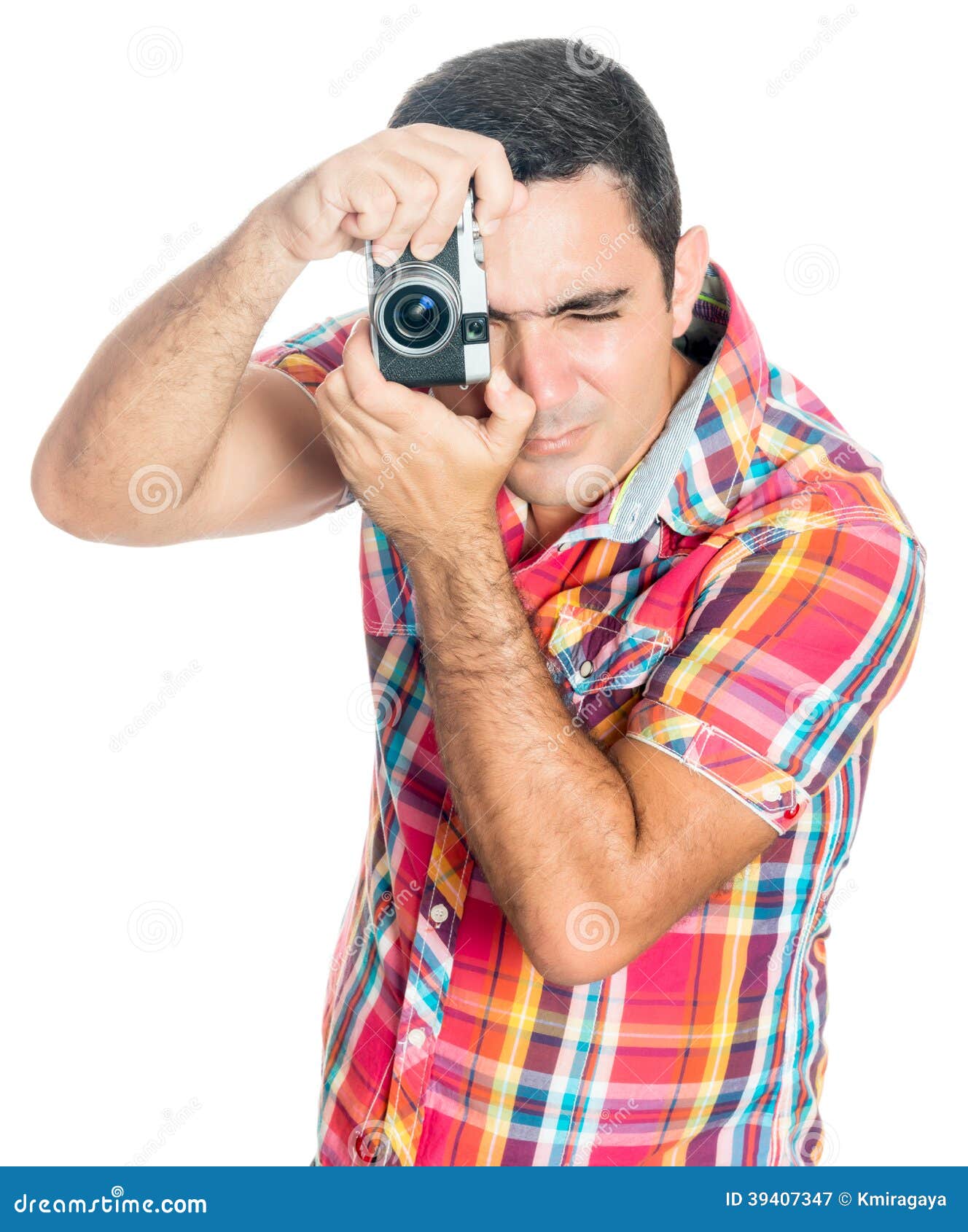 Hispanic Man Using a Vintage Looking Compact Camera Stock Image - Image ...