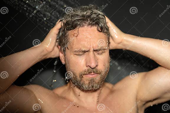Hispanic Man Washing Hair In Bathroom Guy Bathing Shower Head In