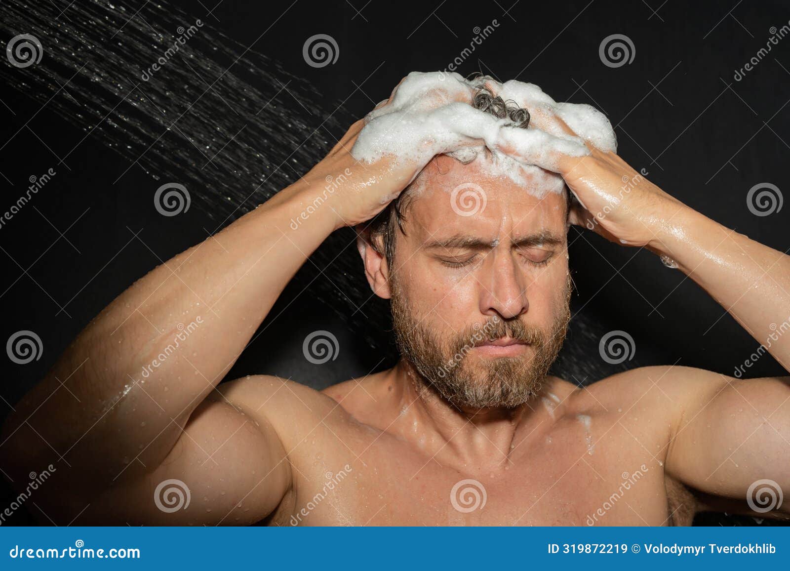 Hispanic Man Washing Hair In Bathroom Guy Bathing Shower Head In