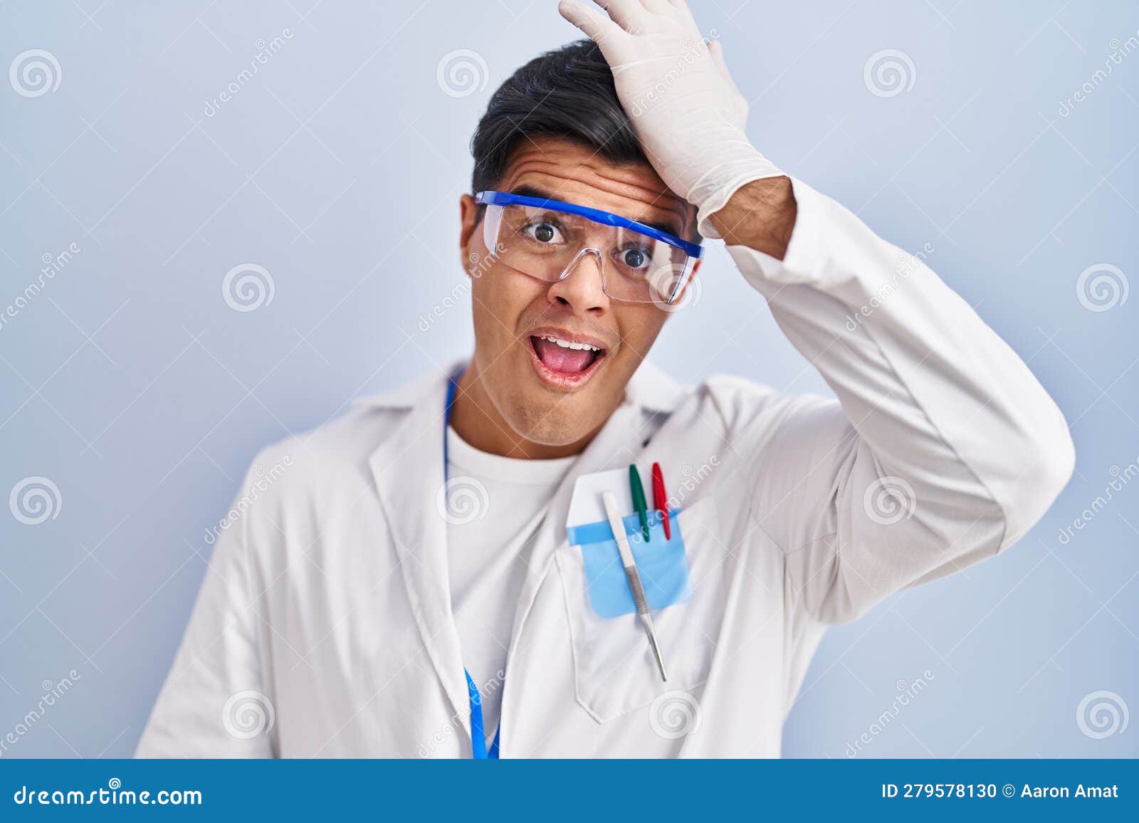 Hispanic Man Working As Scientist Surprised with Hand on Head for ...