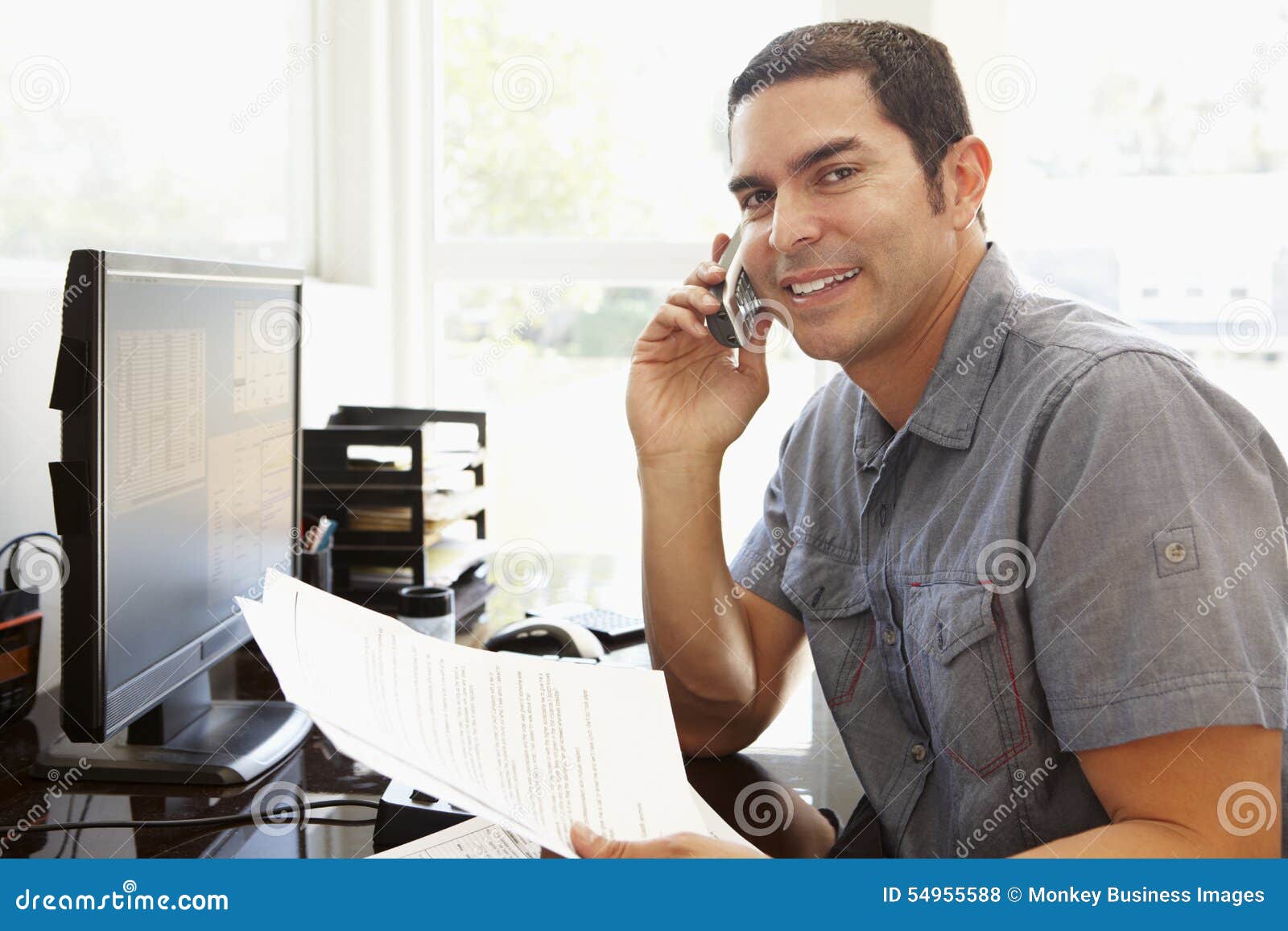Hispanic Man Working in Home Office Stock Photo - Image of mobile ...