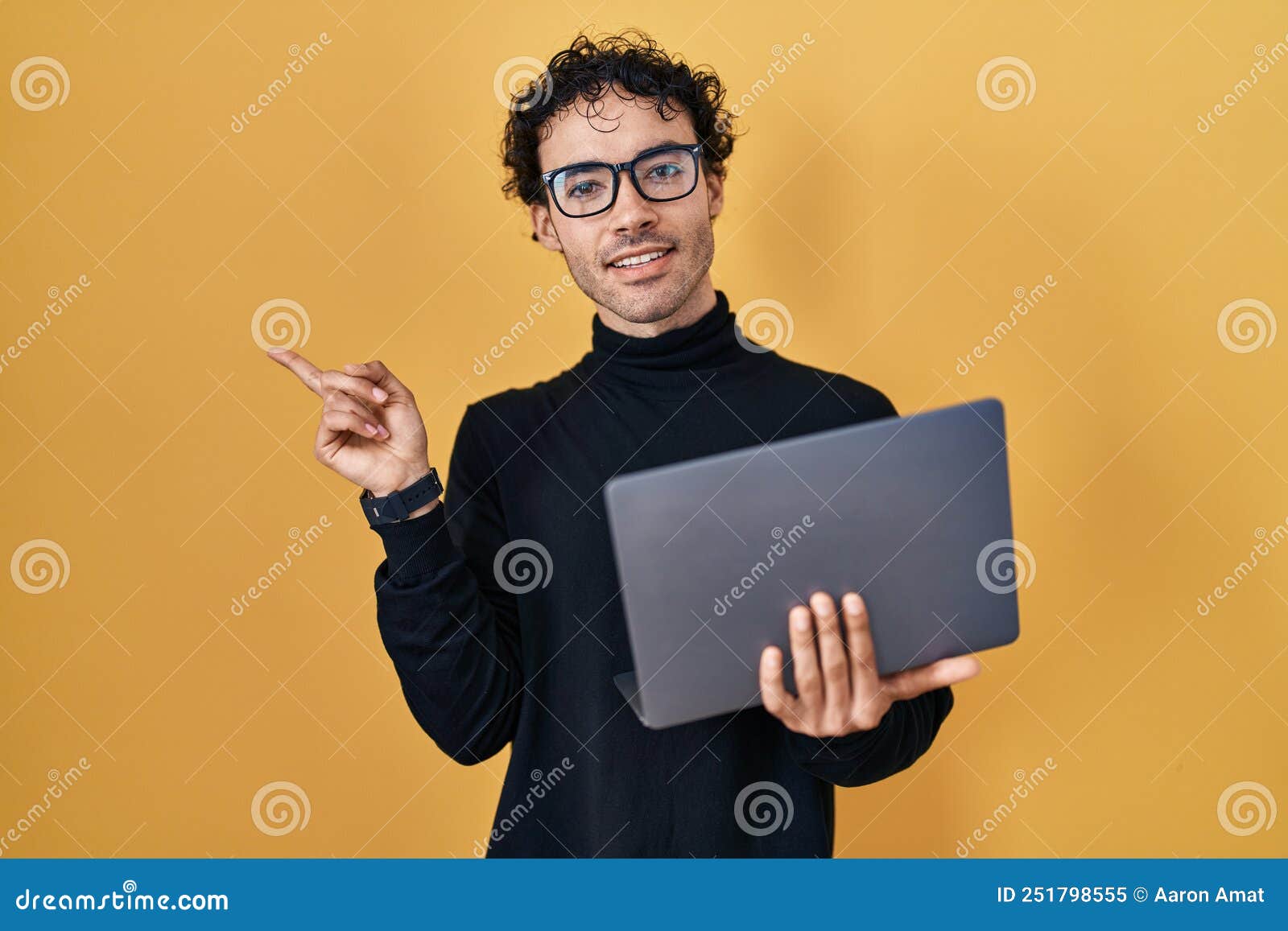Hispanic Man Working Using Computer Laptop Smiling Happy Pointing with ...