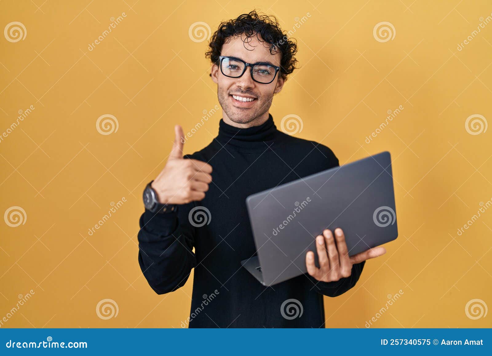 Hispanic Man Working Using Computer Laptop Smiling Happy and Positive ...