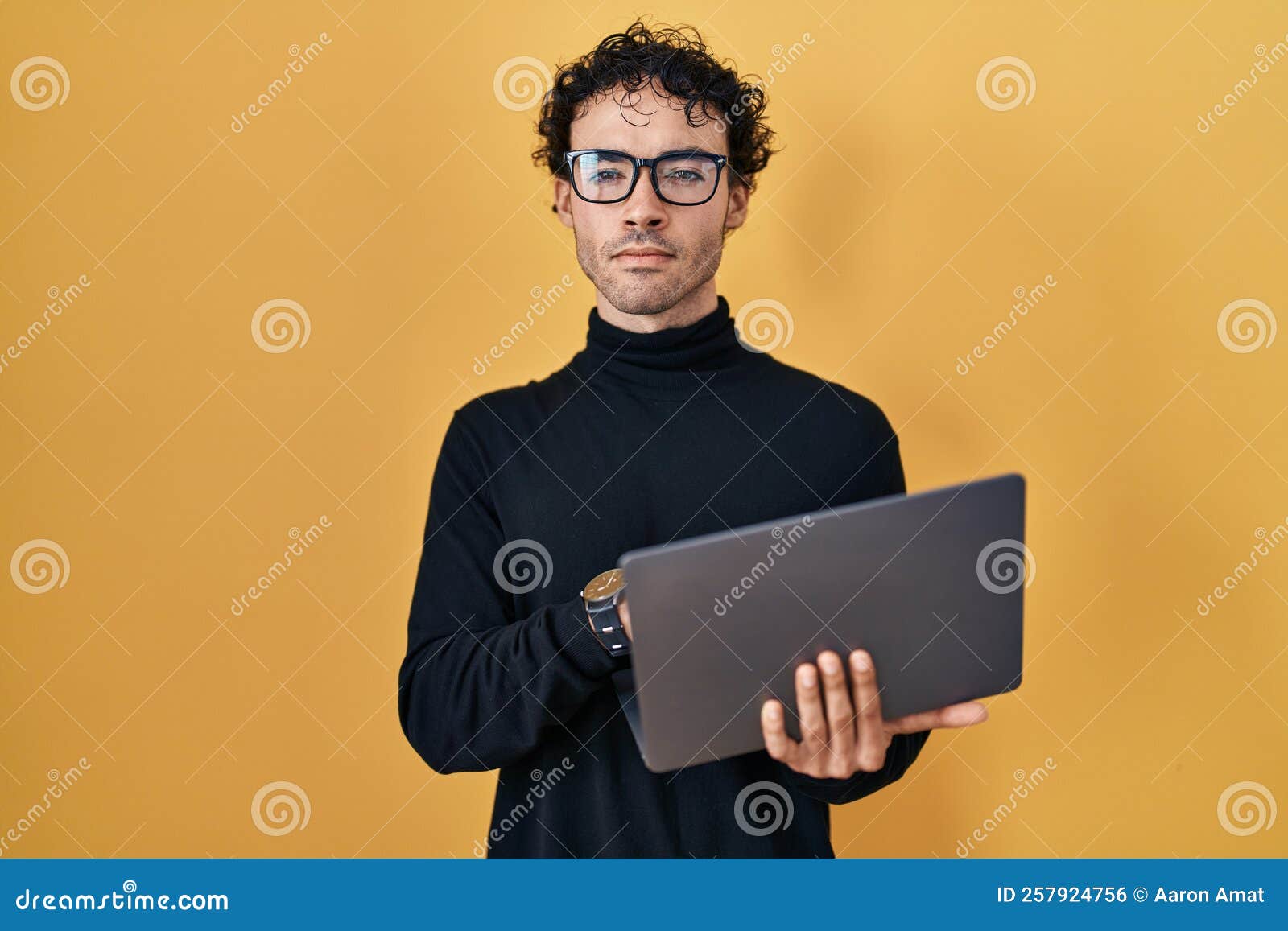 Hispanic Man Working Using Computer Laptop Thinking Attitude and Sober ...