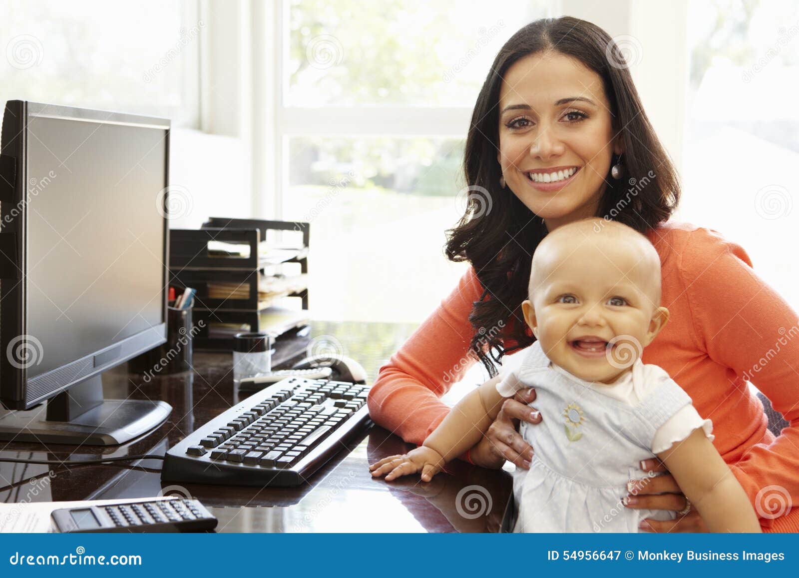Hispanic Mother with Baby in Working Home Office Stock Image - Image of ...