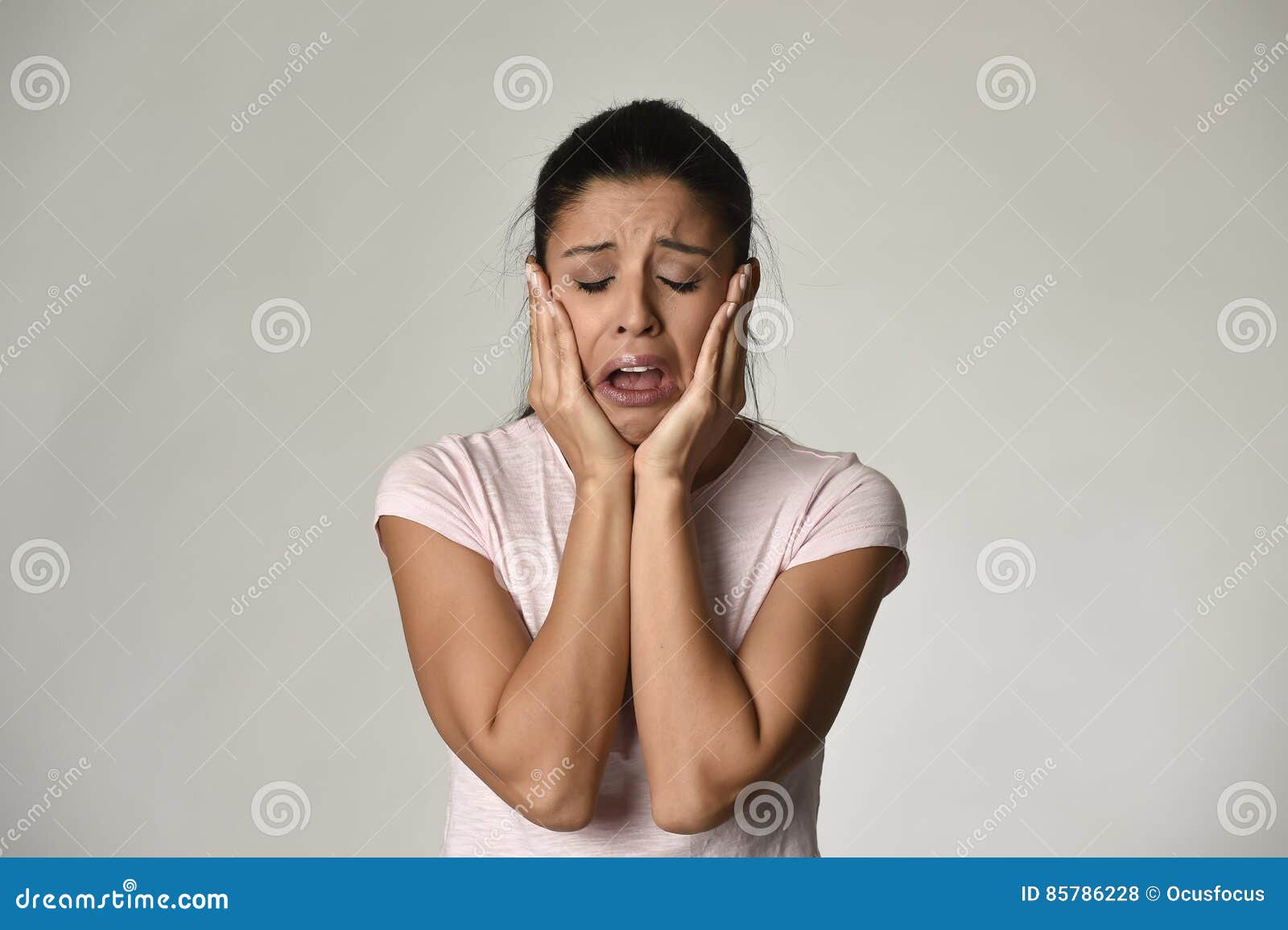 Hispanic Sad Woman Serious And Concerned Crying Desperate Overacting On