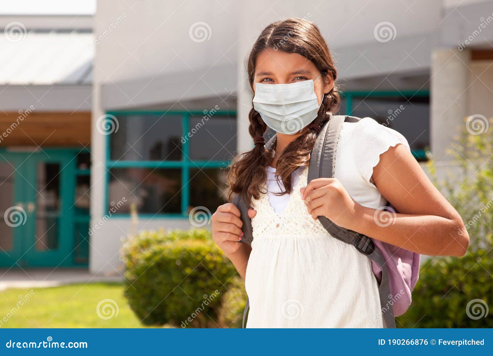 Hispanic Student Girl Wearing Face Mask with Backpack on School Campus ...